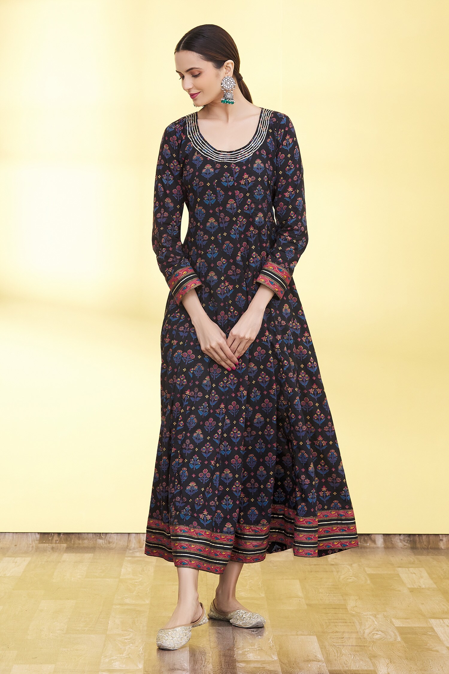 Buy Black Cotton Printed Floral Round Anarkali For Women by Samyukta ...