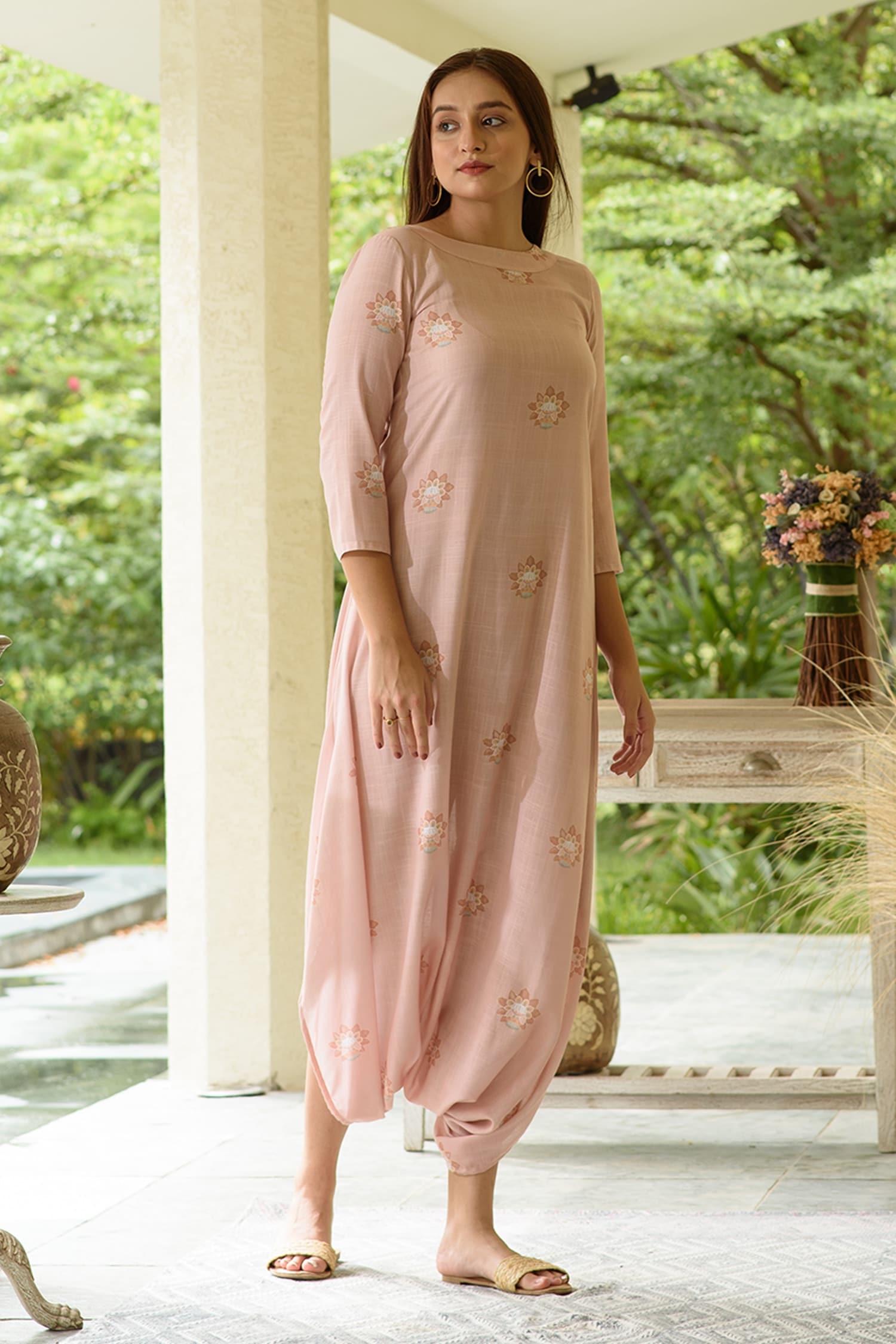 Buy Pasha India Pink Linen Floral Print Draped Jumpsuit Online | Aza ...