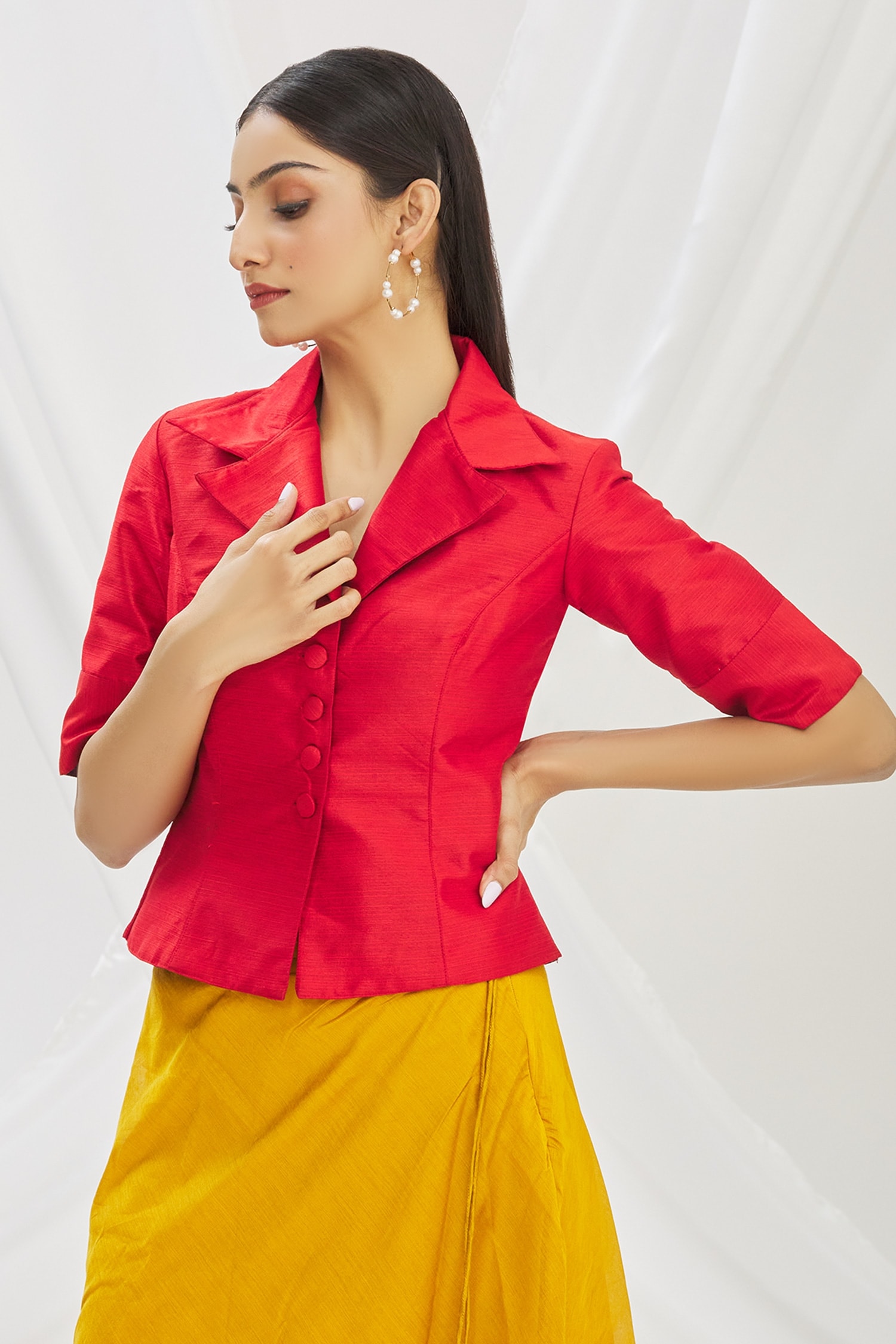 Buy Red Art Silk Notched Collar Shirt For Women by Aryavir Malhotra ...