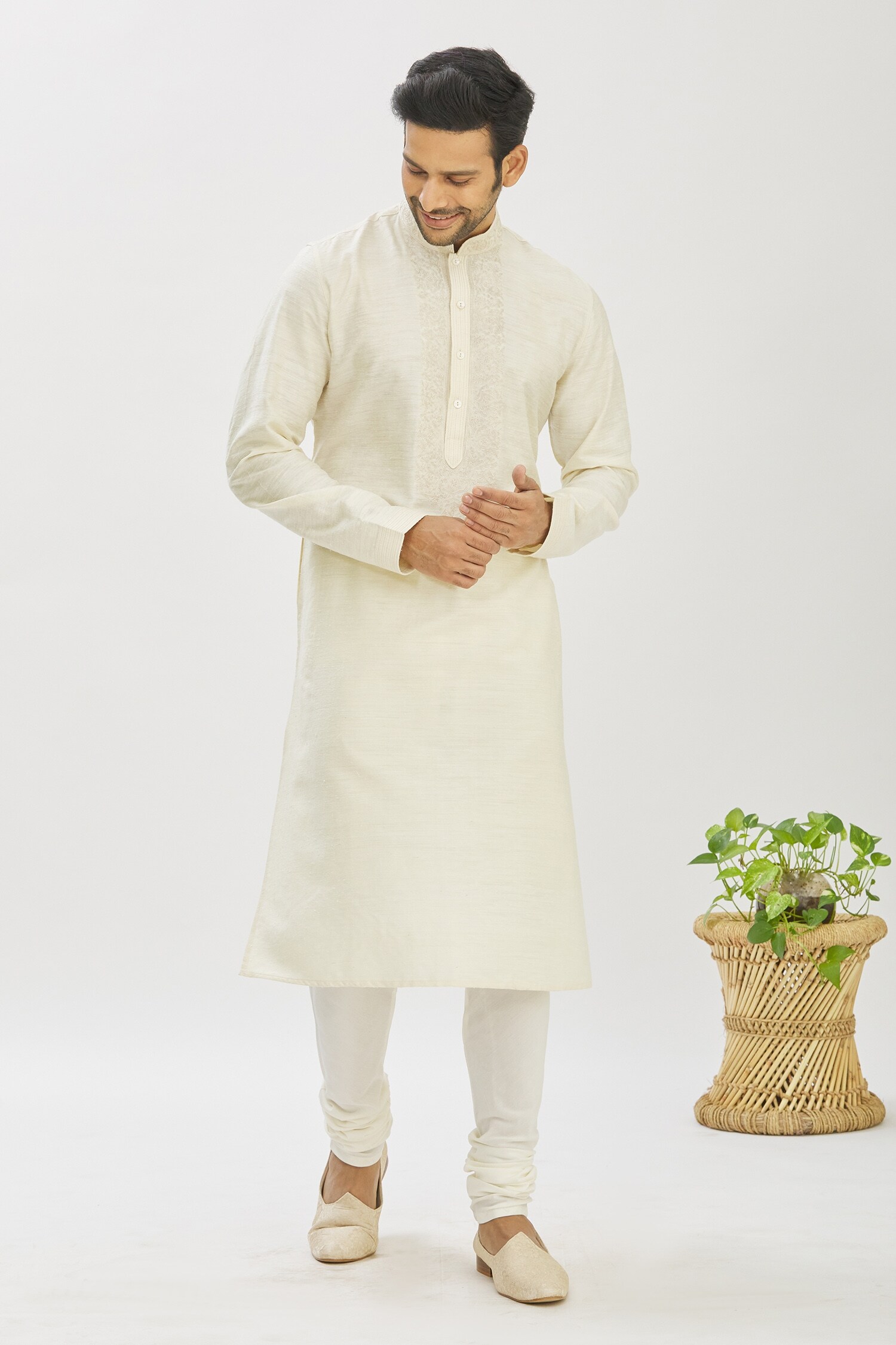 Buy Vanshik White Matka Silk Straight Kurta Set Online | Aza Fashions