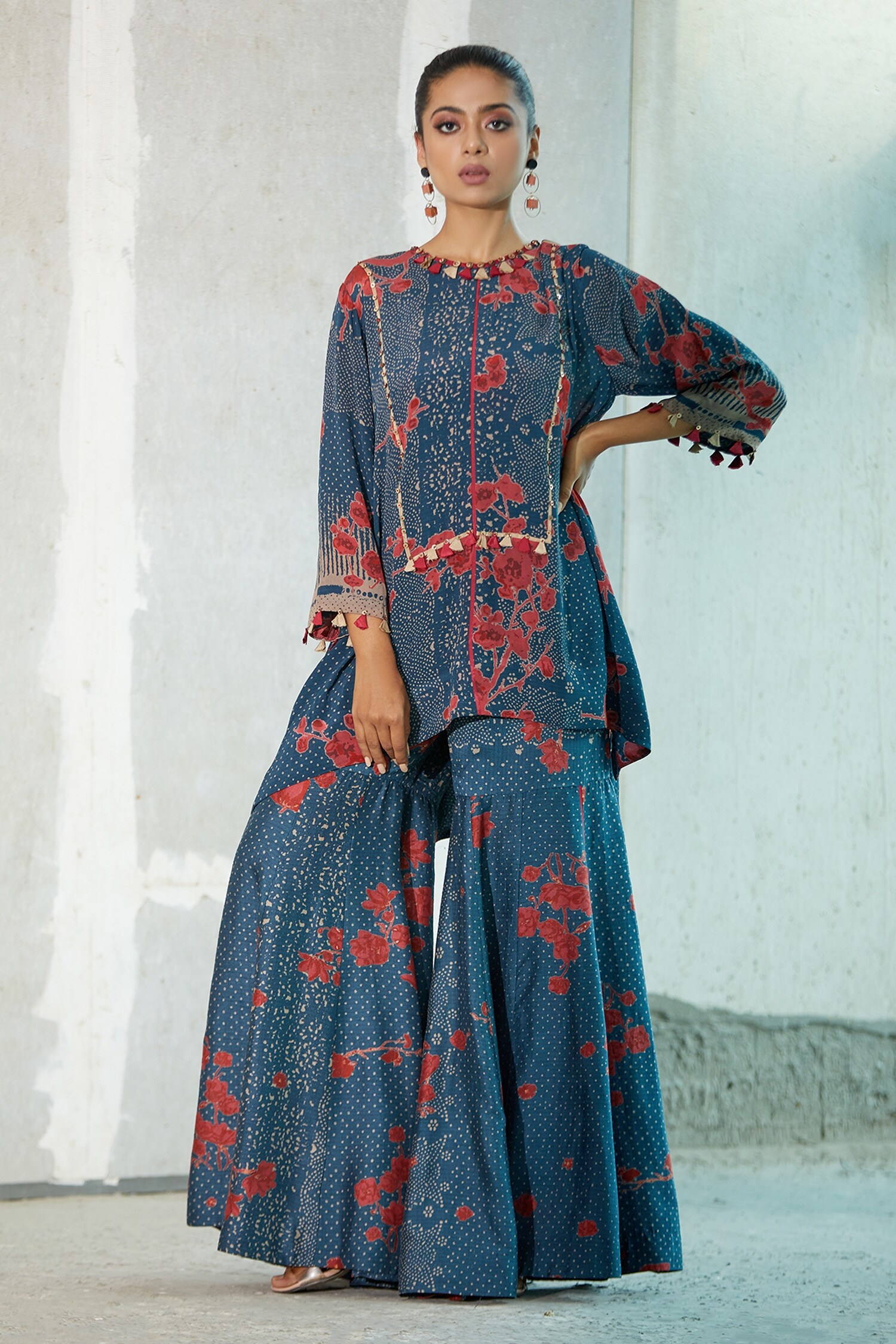 Buy Aseem Kapoor Blue Raw Silk Mitra Short Kurta And Sharara Set Online ...