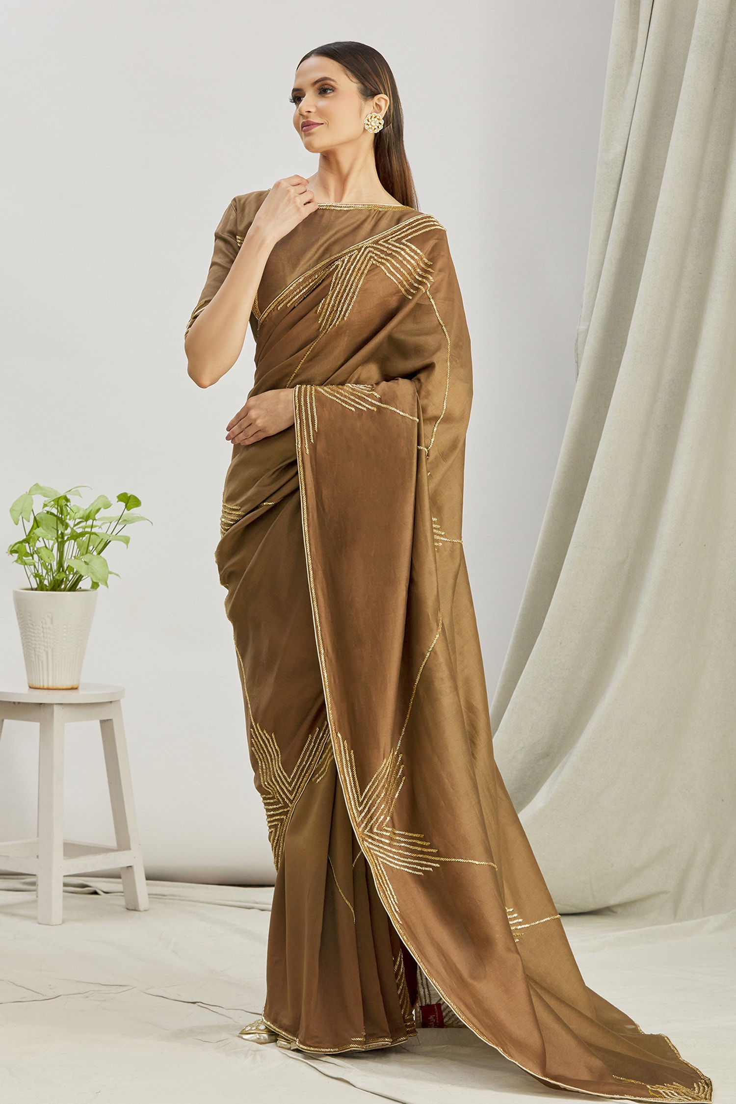 Buy Brown Chanderi Embroidered Cutdana Work Boat Neck Saree And Blouse ...
