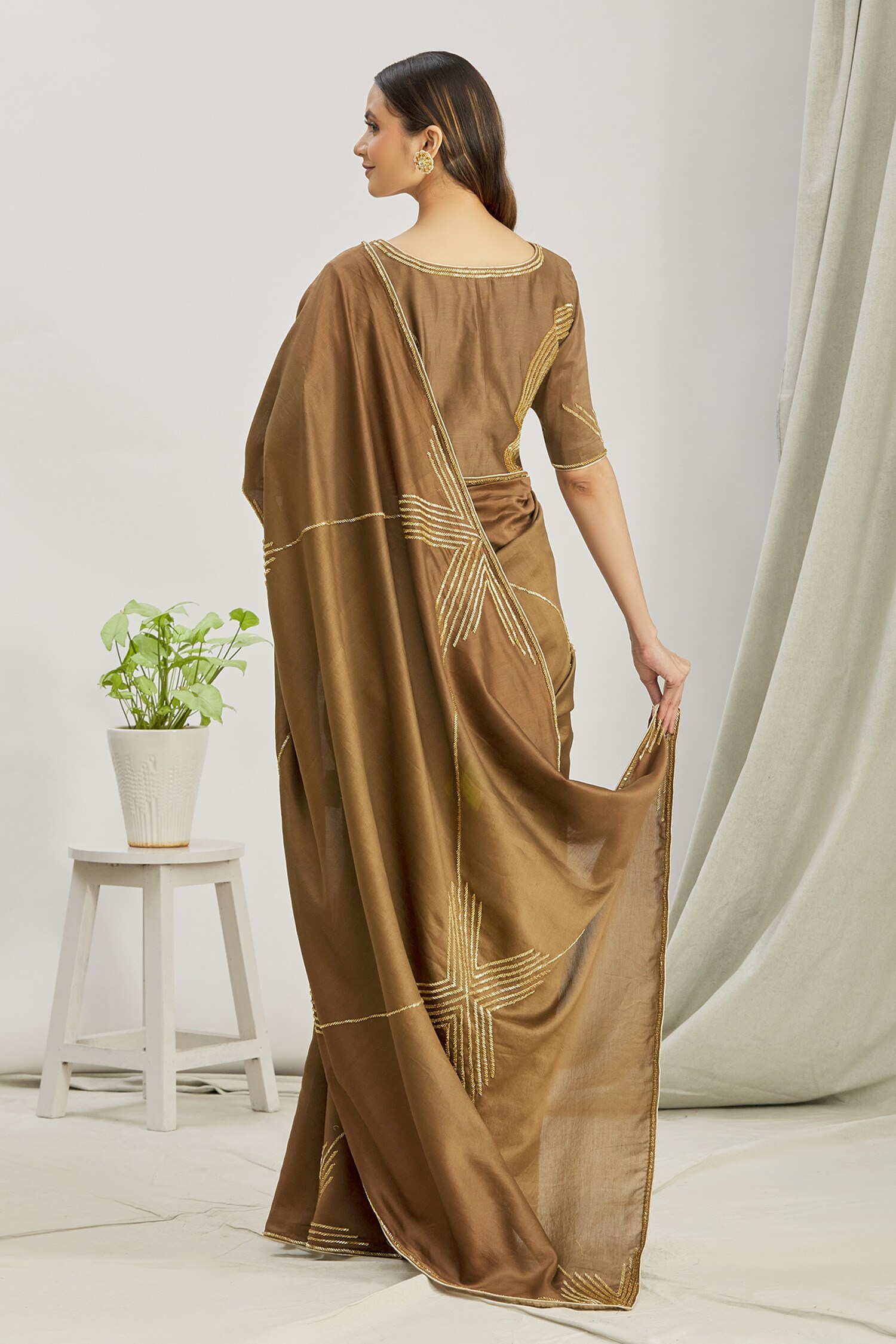 Buy Paksh Brown Chanderi Cutdana Work Saree And Blouse Set Online | Aza ...