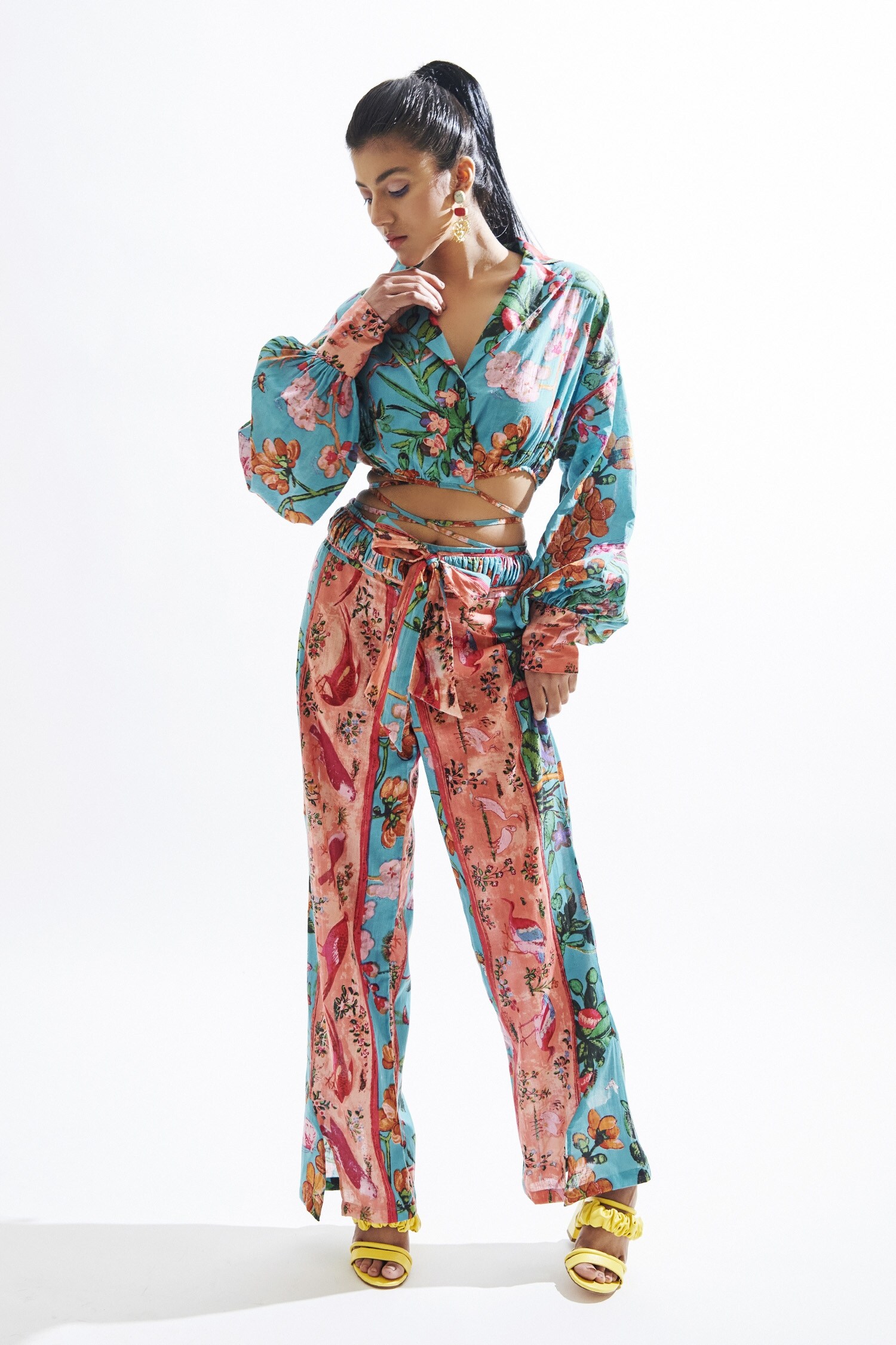 Buy Blue Cotton Floral Lapel Capreece Crop And Pant Set For Women by ...