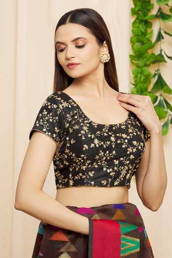 Buy Black Art Silk Embroidered Floral U Neck Blouse For Women by ...