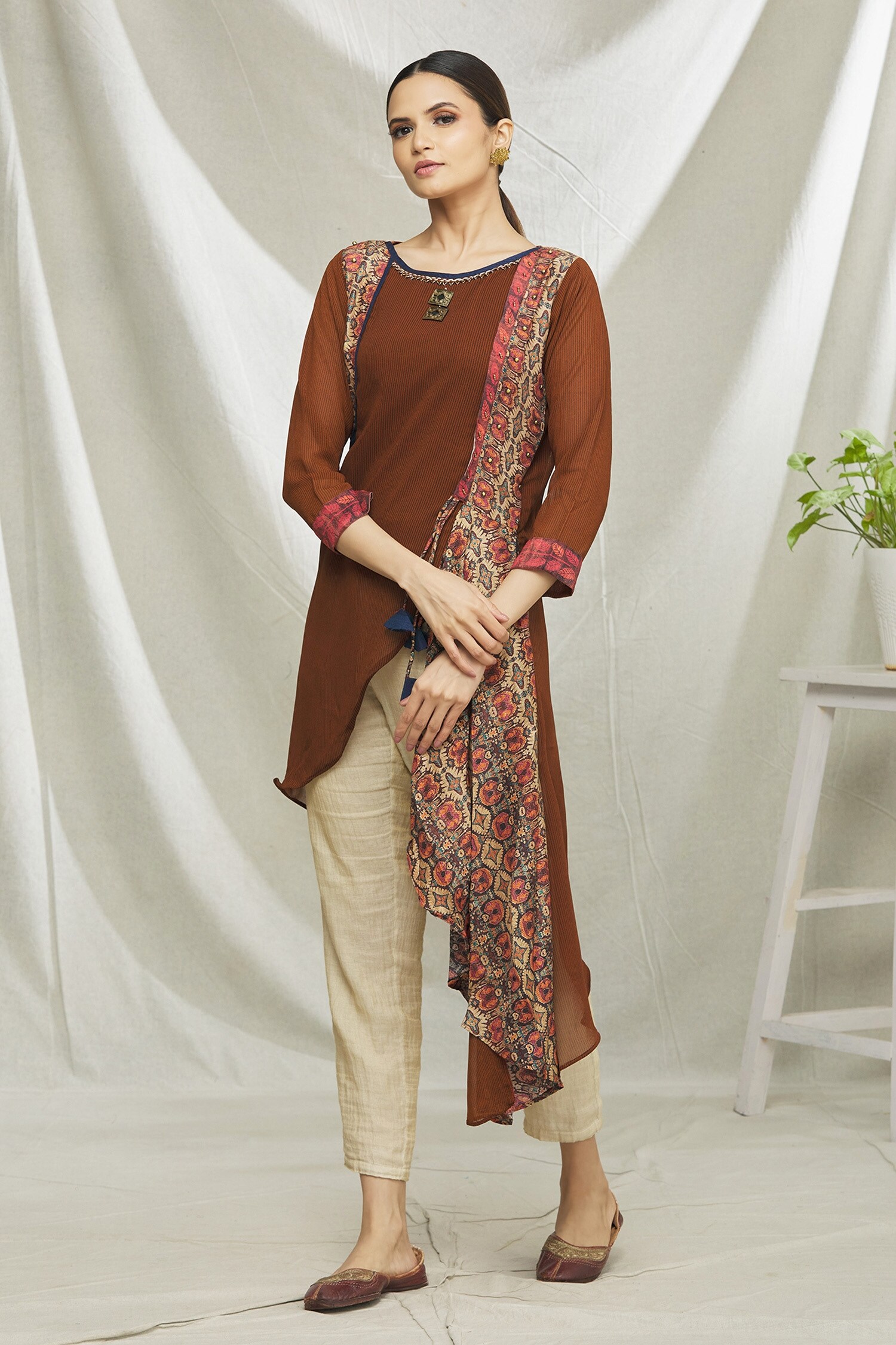 Buy Samyukta Singhania Brown Art Silk Asymmetric Tunic Online | Aza ...