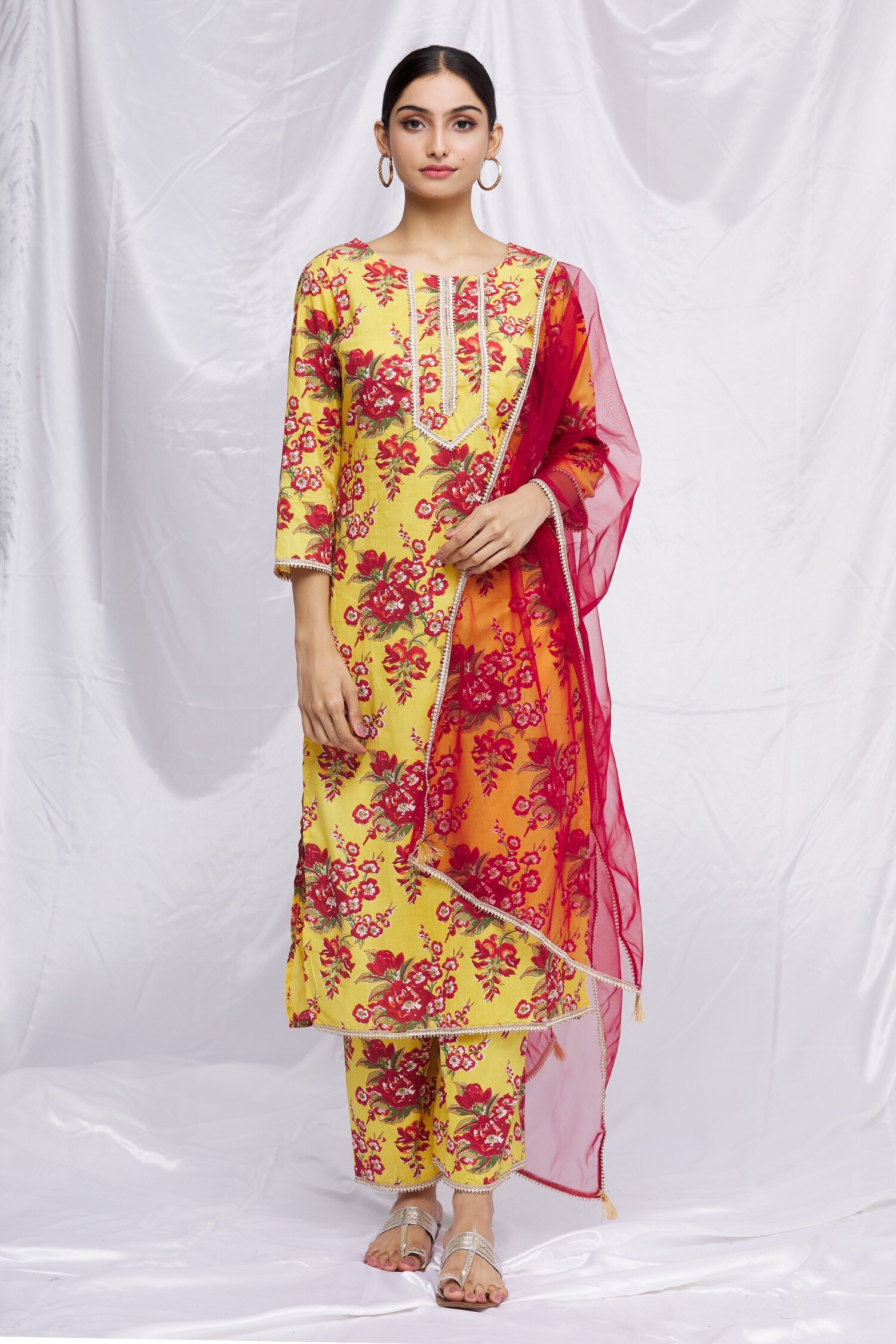 Buy Yellow Cotton Blend Printed Floral Round Kurta Set For Women By