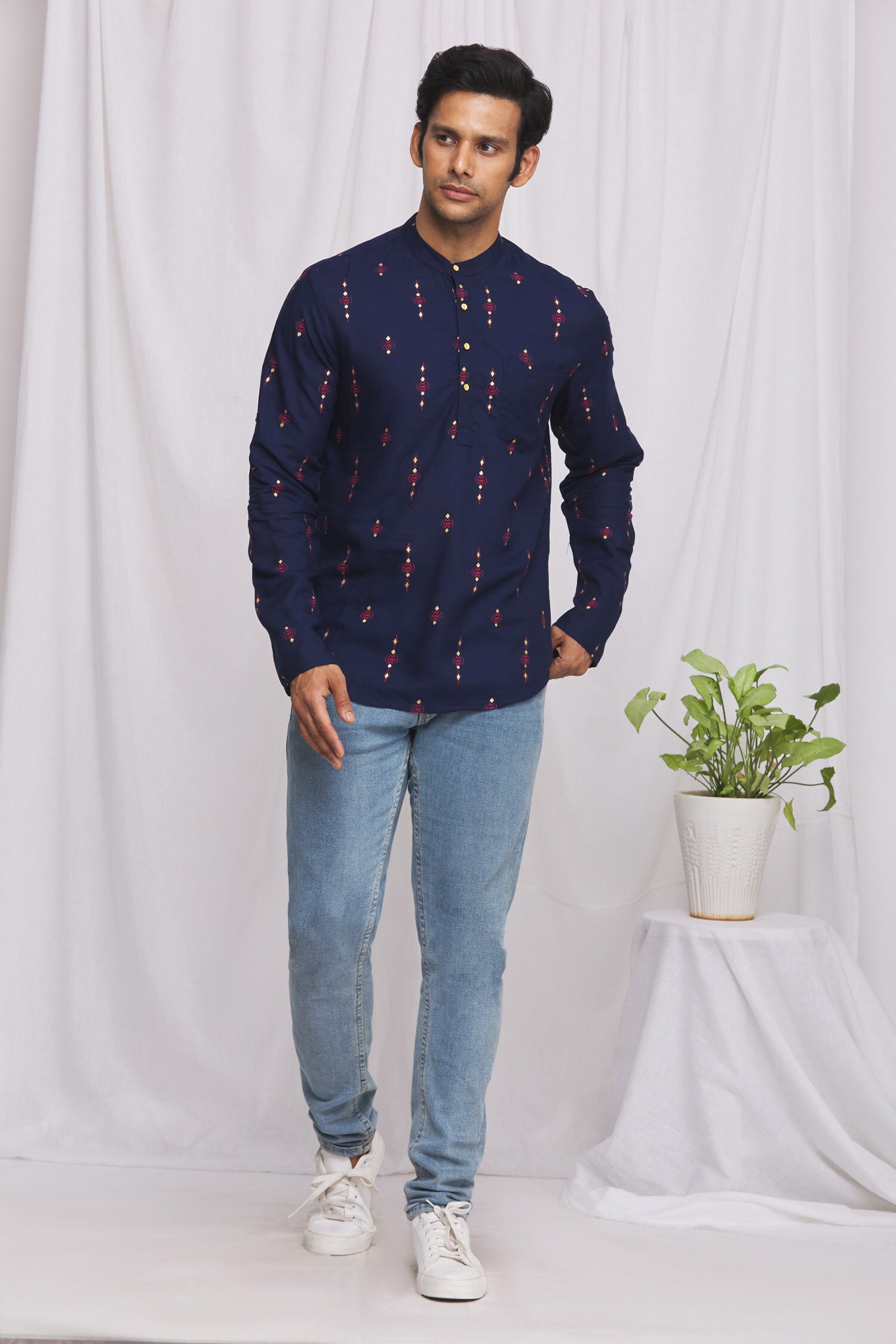 Buy Aryavir Malhotra Blue Rayon Geometric Print Short Kurta Online ...