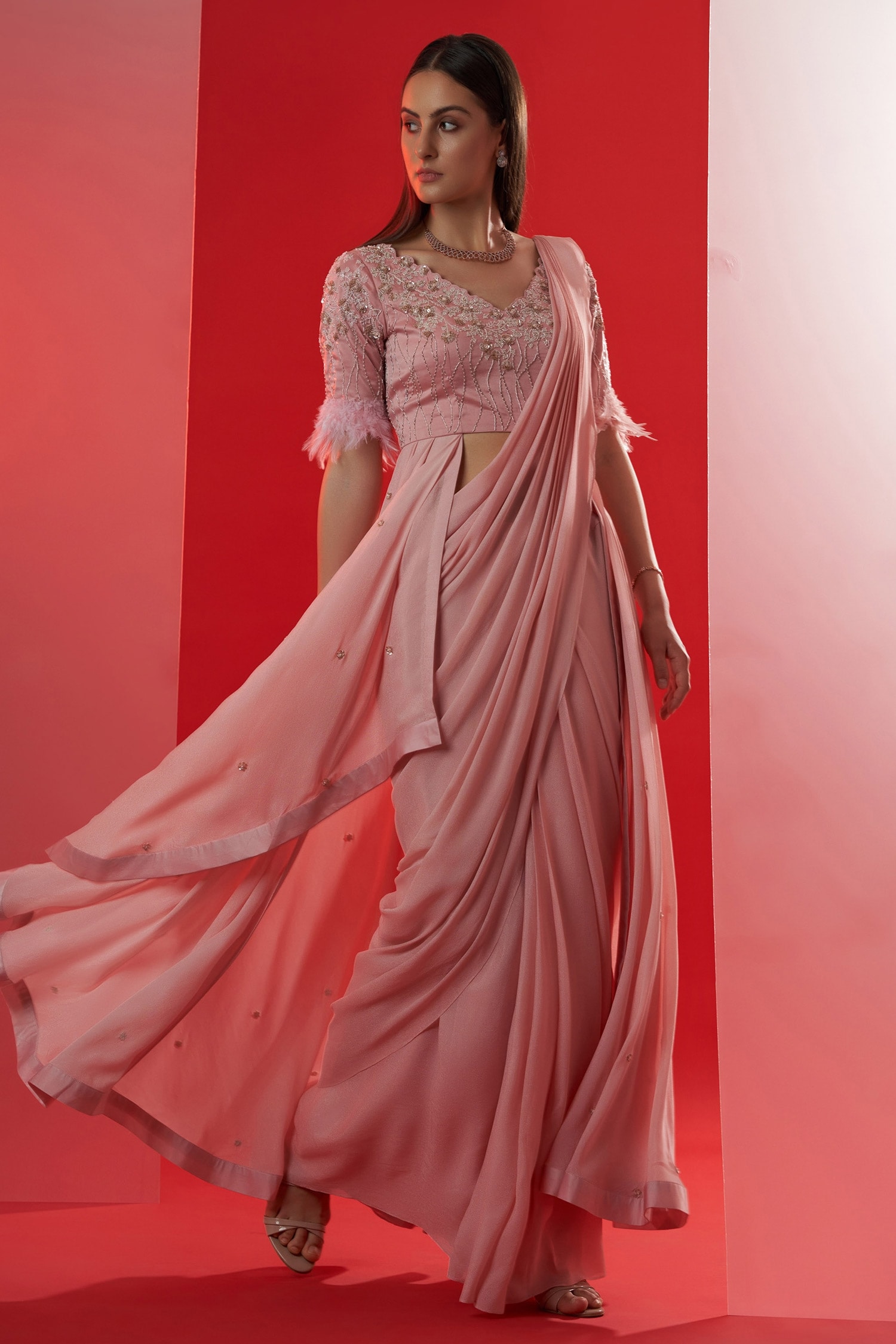 Buy Pink Georgette Crepe Embroidered Floral V Pre-draped Saree With ...