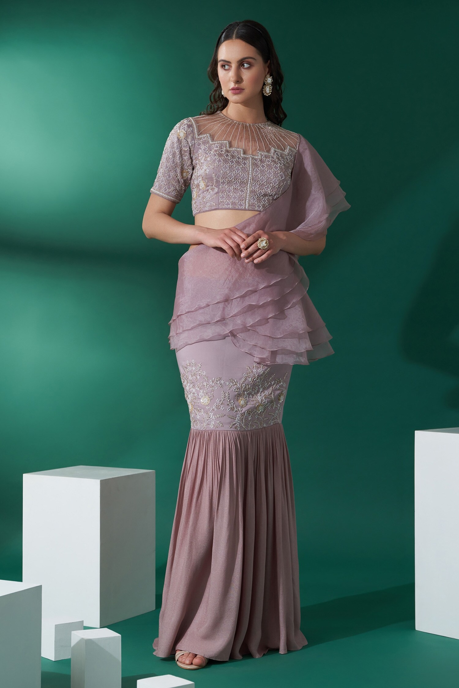 Buy Beige Georgette Crepe Embroidered Pre-draped Ruffle Saree With ...