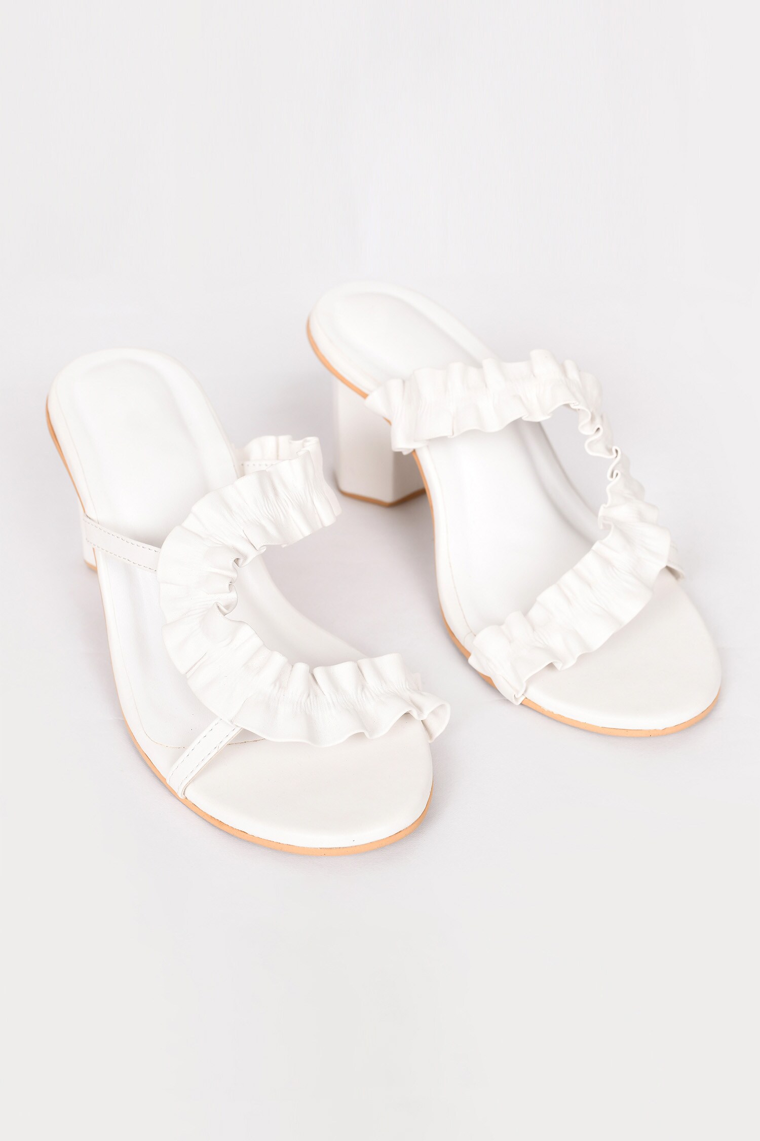 Buy White Ruffle Strap Block Heels by Samyukta Singhania Online at Aza ...