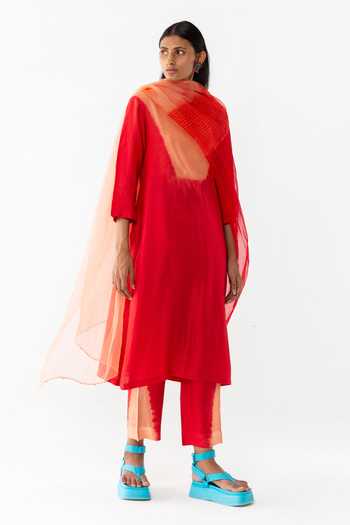 Buy Studio Medium Red Handwoven Silk Kurta Set Online | Aza Fashions