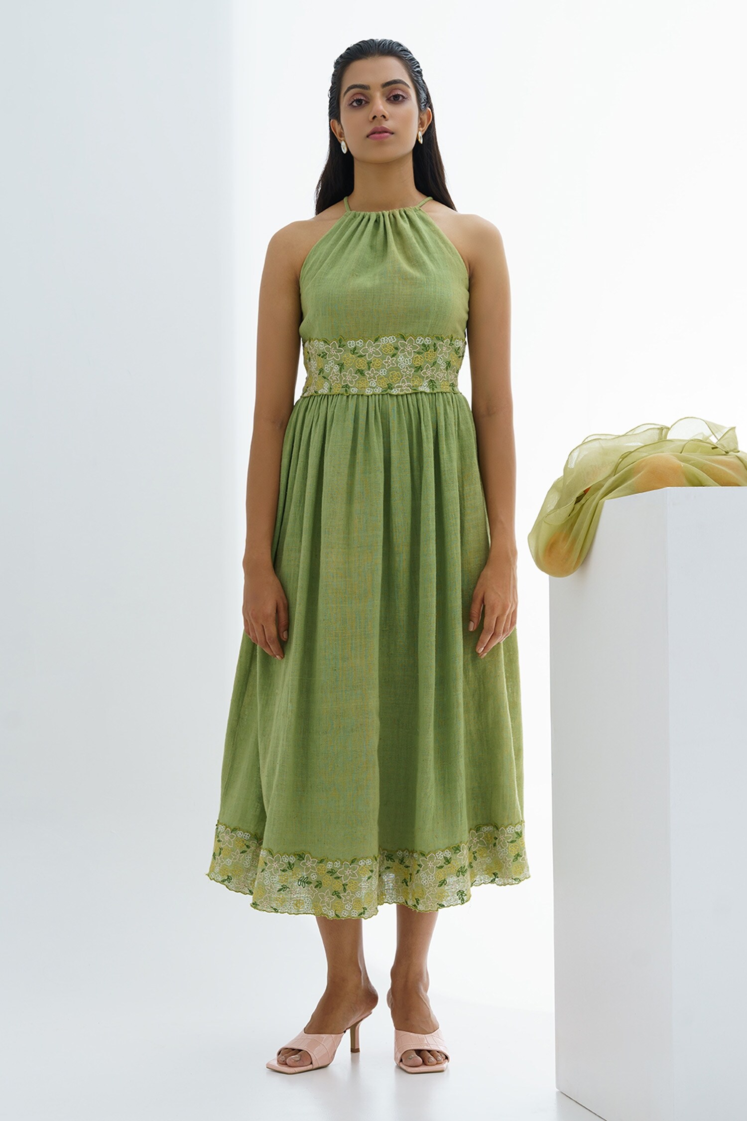 Buy Green Handloom Cotton Embroidered Floral Motifs Lime Flower Dress ...