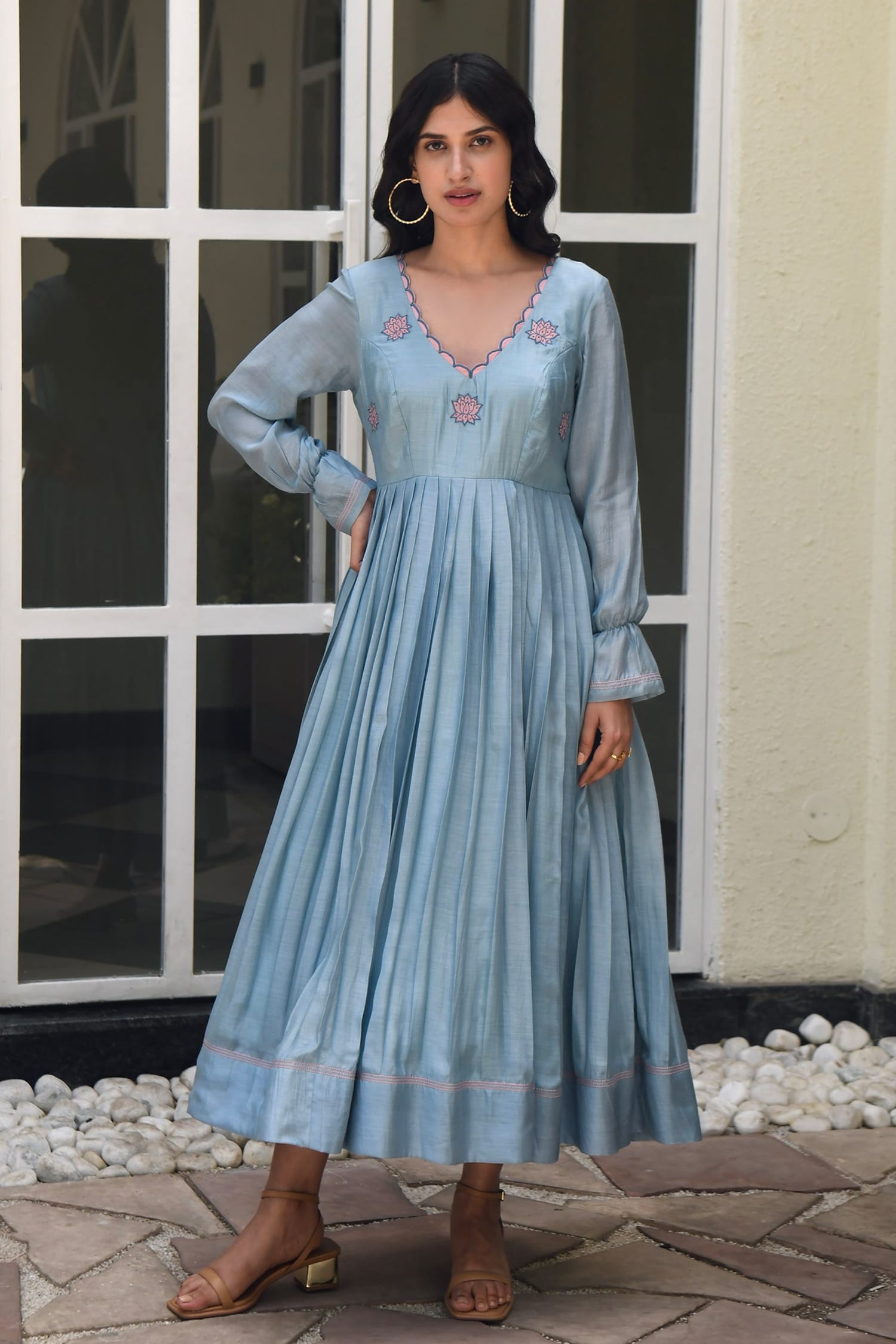 Buy Taro Blue Modal Silk Carolina Pleated Dress Online | Aza Fashions