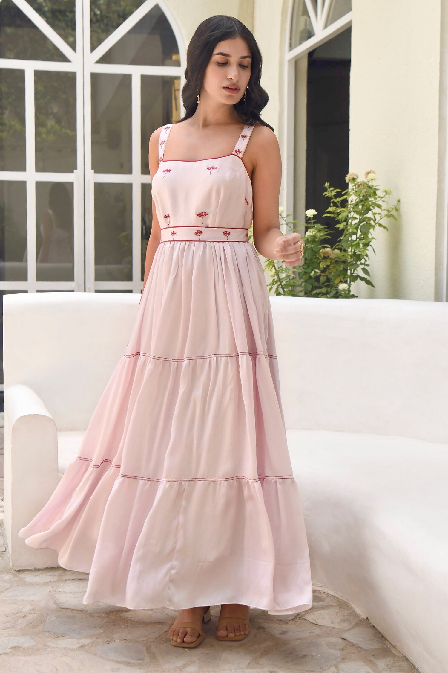 Buy Pink Modal Silk Embroidered Lotus Motifs Square Neck Tiered Strappy ...