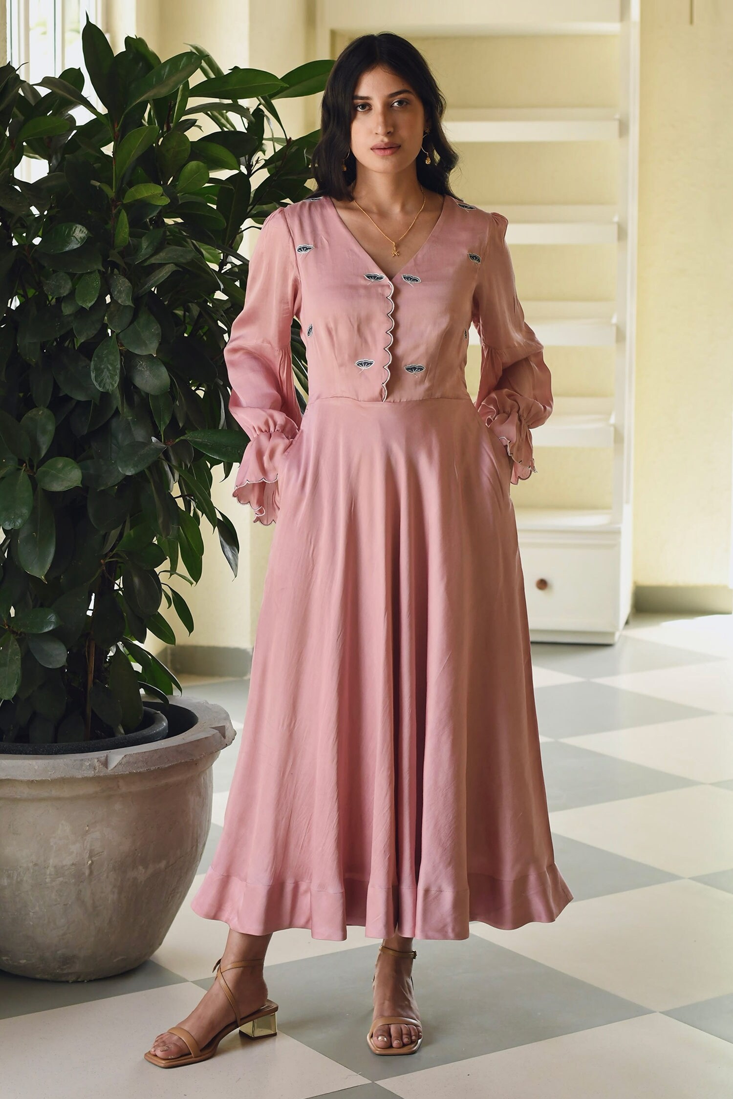 Buy Taro Pink Modal Satin Peony A Line Dress Online | Aza Fashions