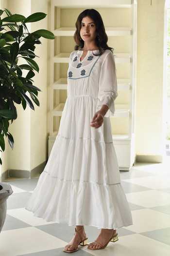 Buy Taro White Modal Silk Three Tier Dress Online | Aza Fashions