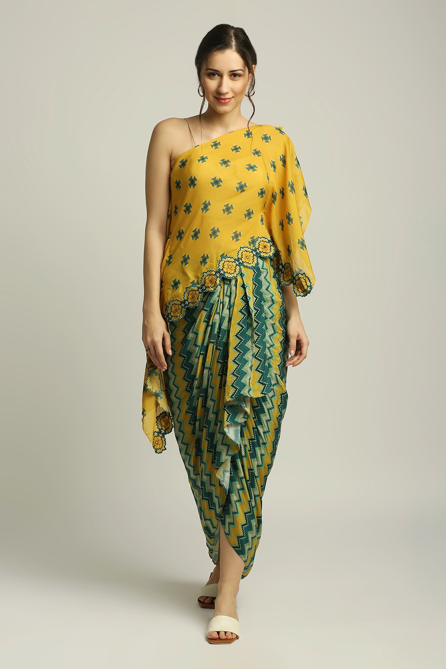 Buy Yellow Muslin Crepe Printed Geometric One Top And Draped Skirt Set ...