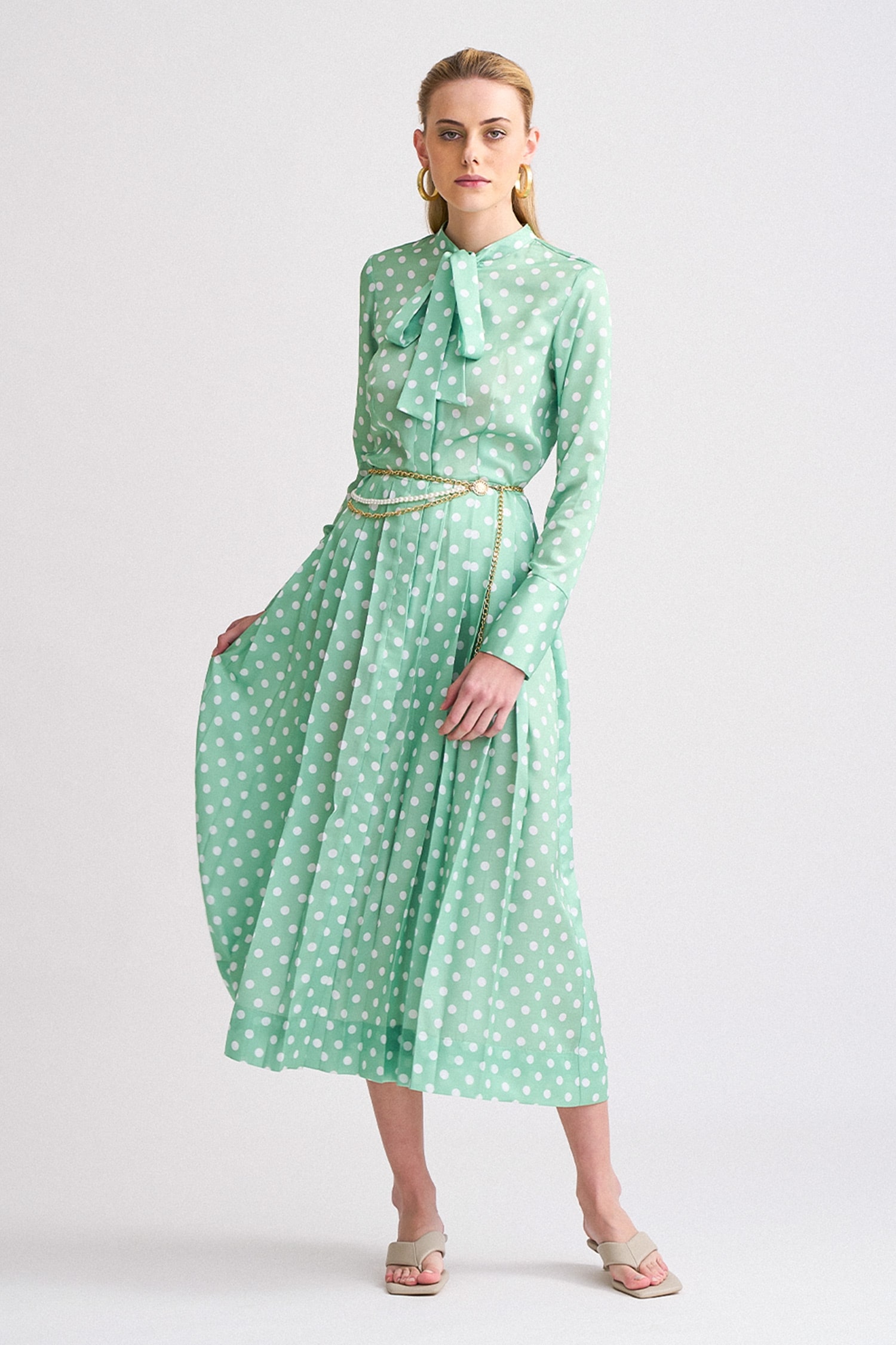 Buy Notebook Green Satin Crepe Emilee Polka Dot Dress Online | Aza Fashions