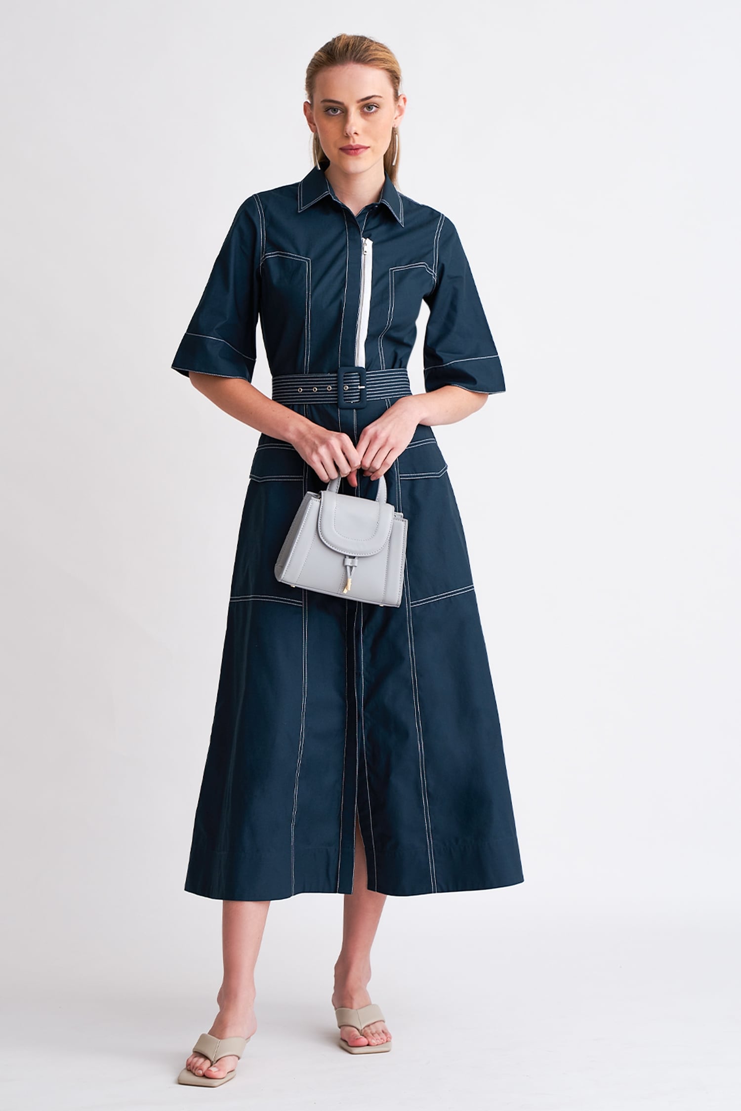 Buy Notebook Blue Cotton Poplin Maddie Topstitch Dress Online | Aza ...