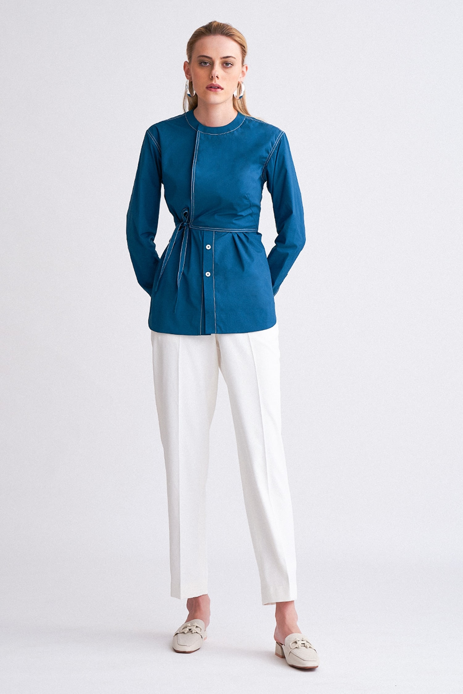 Buy Blue Cotton Poplin Plain High Neck Zoe Overlap Shirt For Women by ...