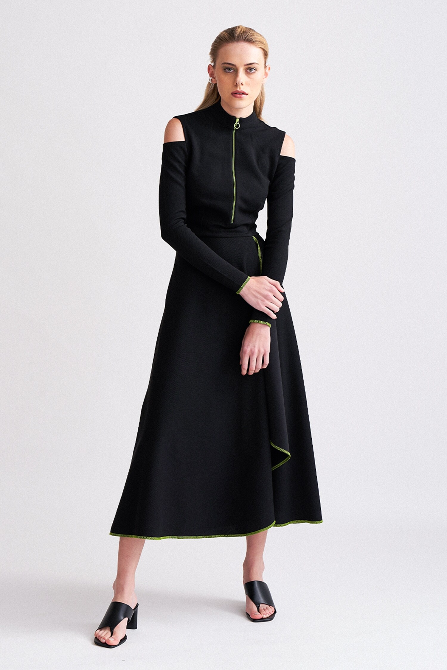 Buy Black Cotton Pique Plain Polo Neck Thierrie Cold Shoulder Dress For ...