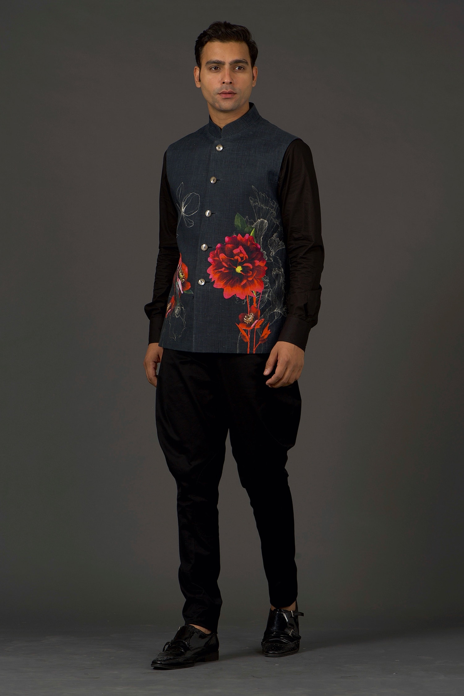 Buy Black Linen Printed Floral Bundi For Men by Rohit Bal Online at Aza ...