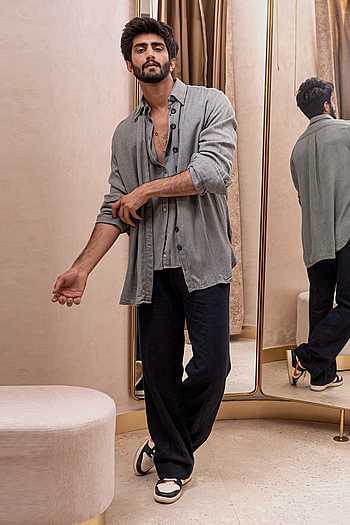 Buy Grey Moss Plain Button Down Overshirt And Pant Set For Men by Jatin ...