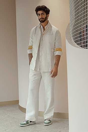 Buy White Cotton Linen Plain Overshirt And Pant Set For Men by Jatin ...