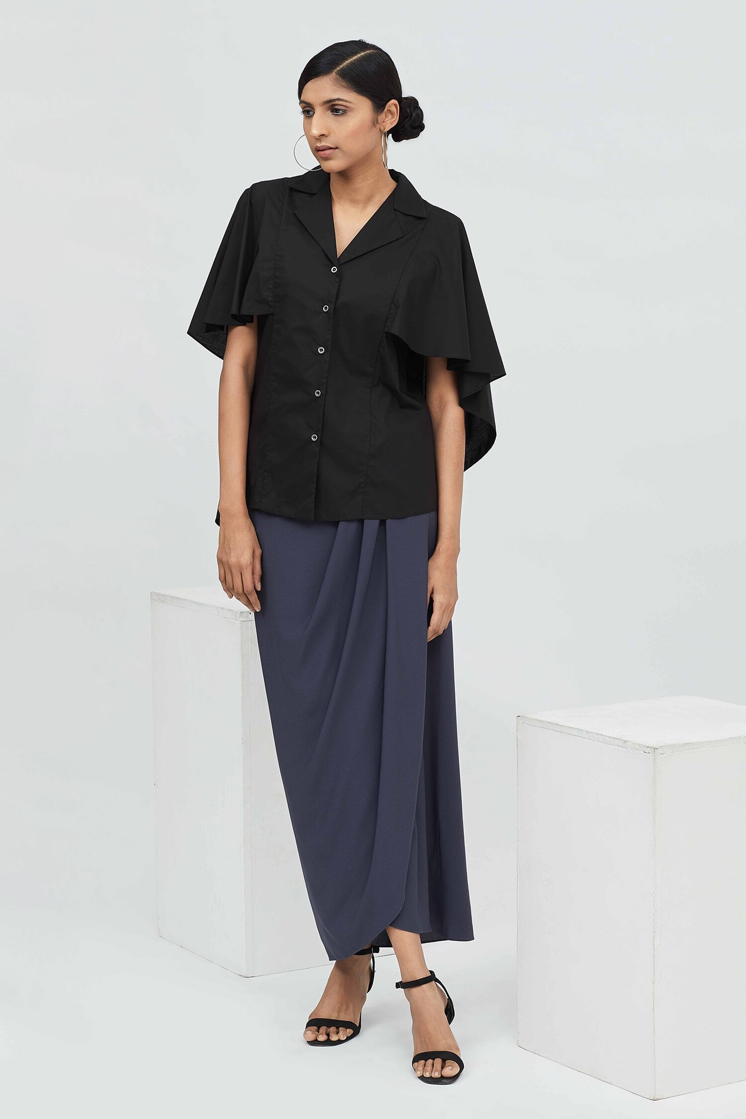 Buy Aakaar Black Cotton Cape Style Shirt Online | Aza Fashions