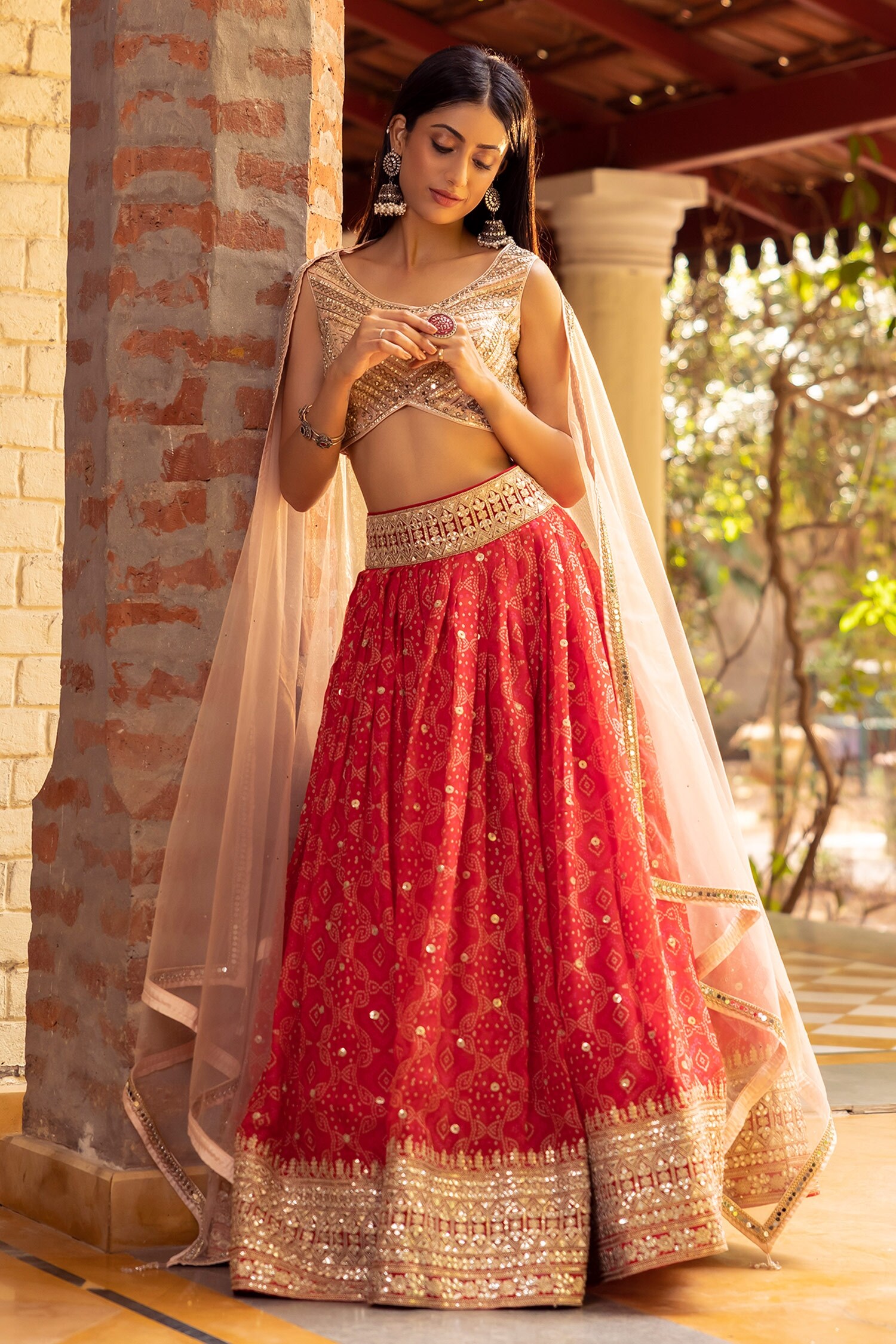 Buy Basanti - Kapde Aur Koffee Red Raw Silk Bandhani Print Lehenga Set ...
