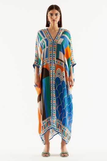 Buy Multi Color Silk Printed Geometric V Neck Majida Kaftan For Women ...