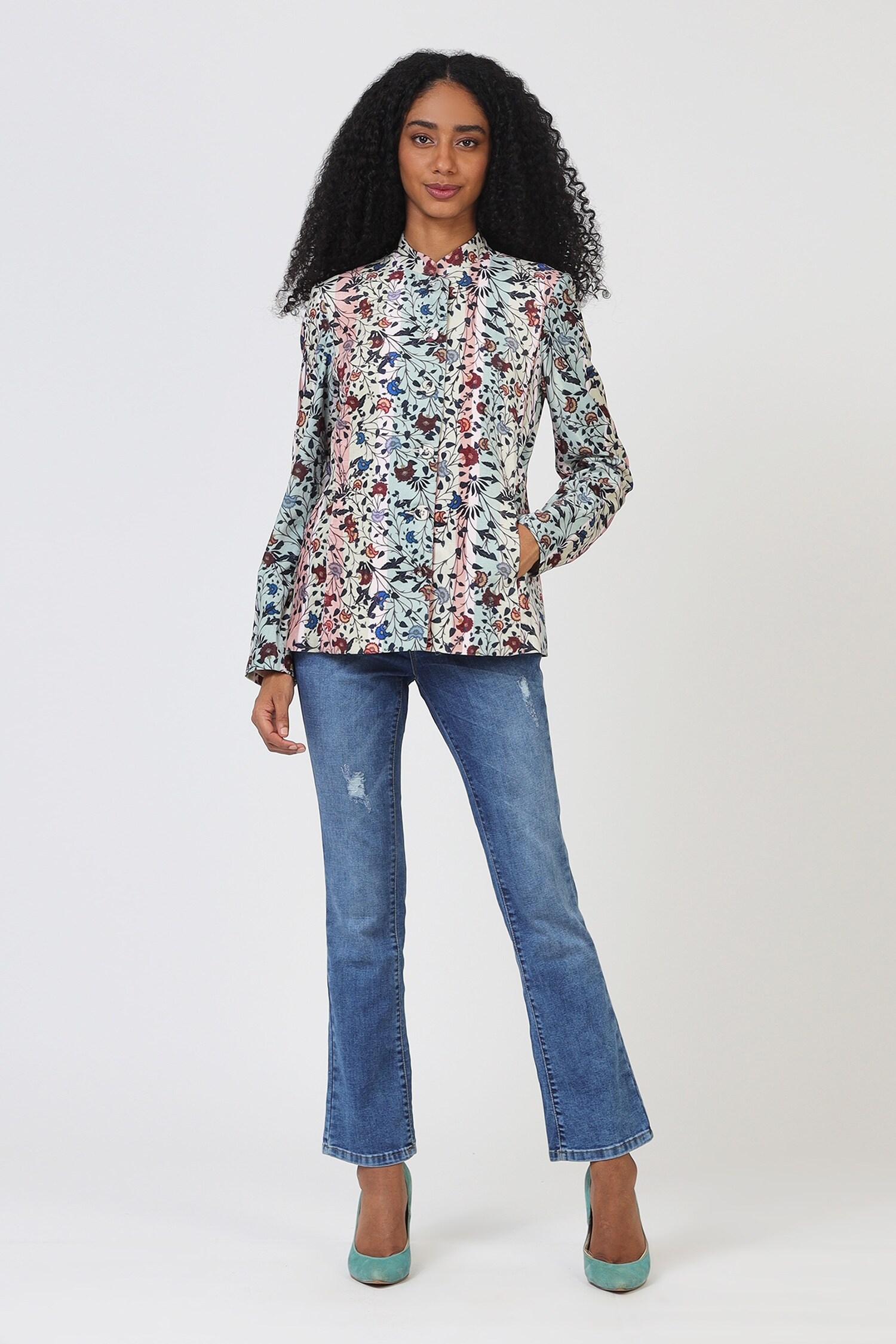 Buy Geisha Designs Blue Polyester Floral Print Jacket Online | Aza Fashions