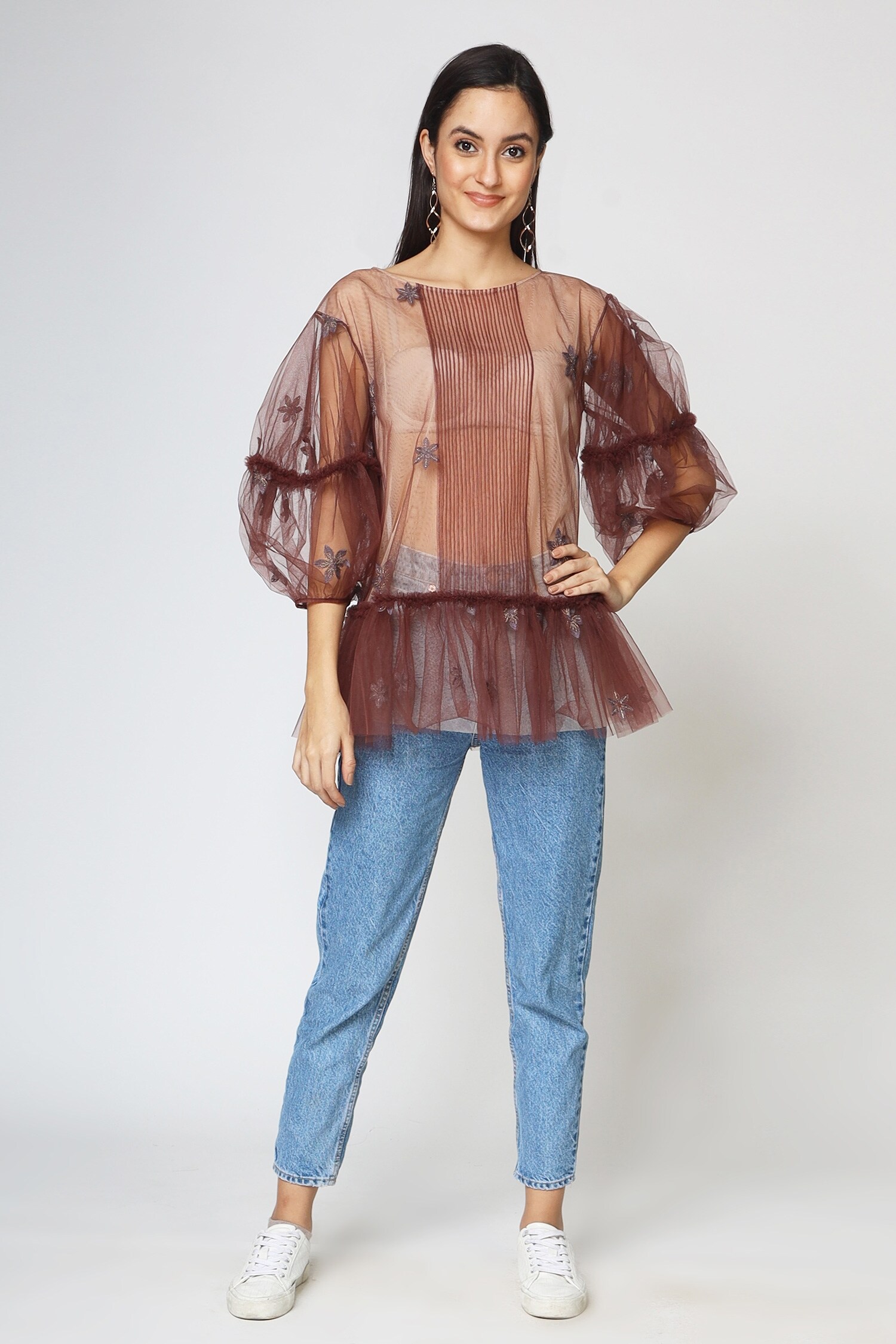 Buy Geisha Designs Brown Polyester Sheer Puff Sleeve Top Online | Aza ...