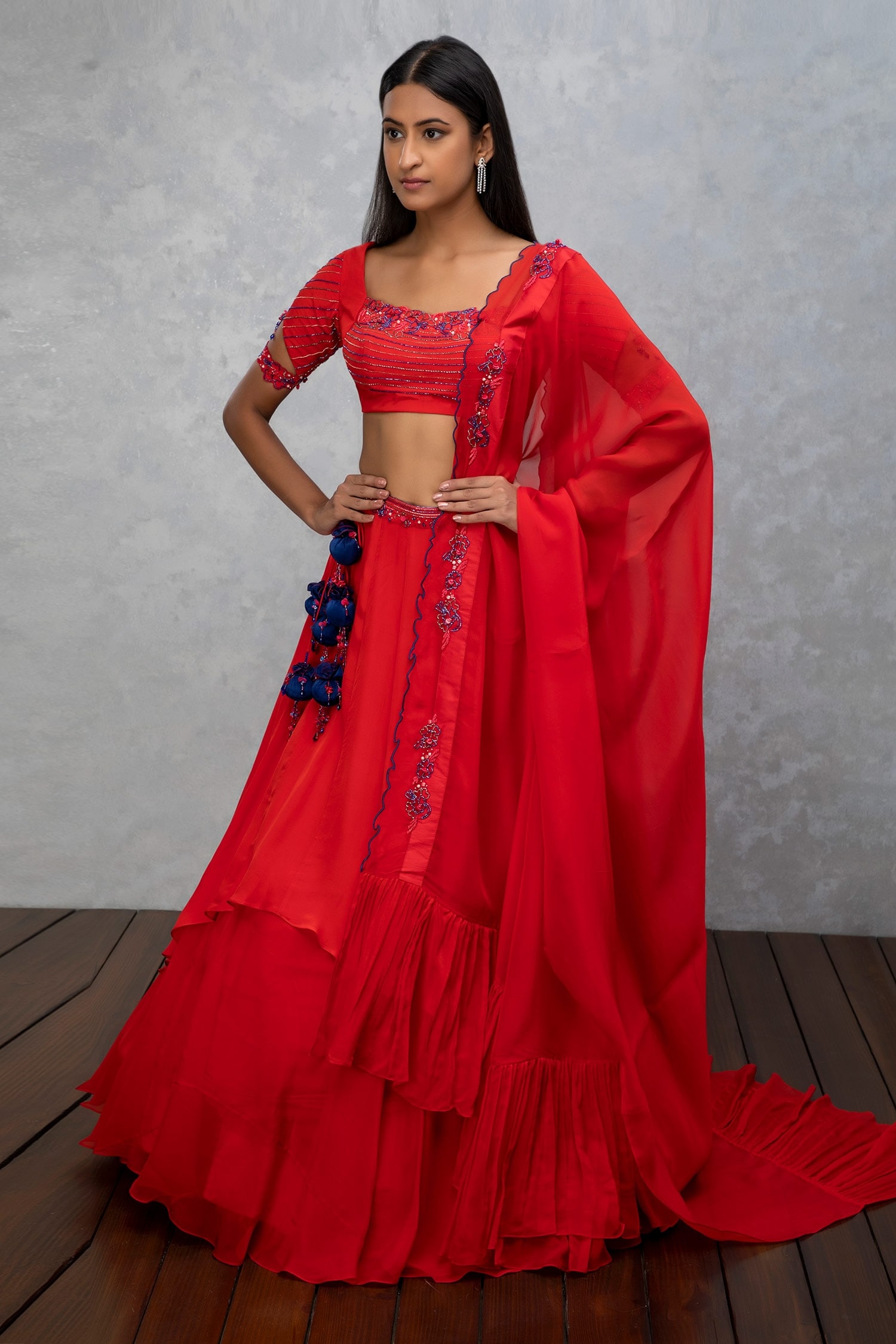 Buy Orange Organza Embroidered Cutdana Square Neck Layered Lehenga Set