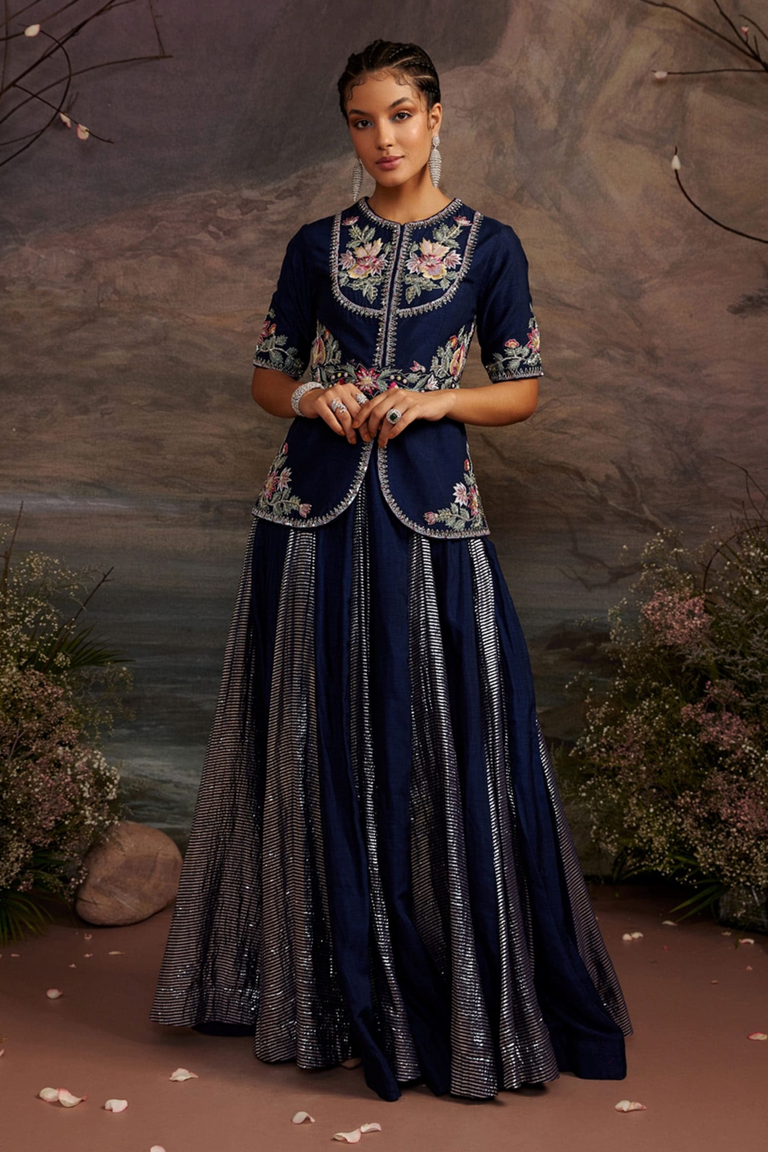 Buy Blue Dupion Silk Embroidery Thread Round Hoor Short Jacket And ...