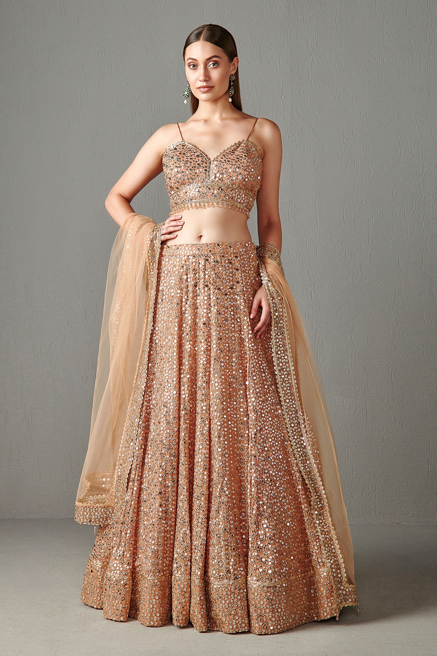 Buy Gold Net Embroidered Sequins Work V Nadia Floral Bridal Lehenga Set