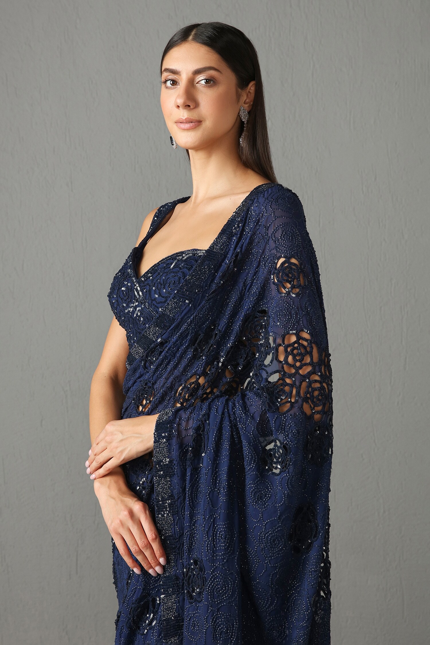 Buy Rabani & Rakha Blue Georgette Zainab Cutout Saree With Blouse ...