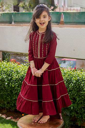 Buy Missprint Maroon Cotton Hand Embroidered Kurta For Girls Online ...