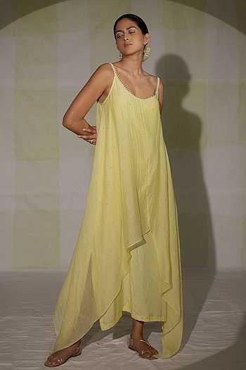 Buy Yellow Chanderi Embroidered Boti Round Asymmetric Slip Dress For ...