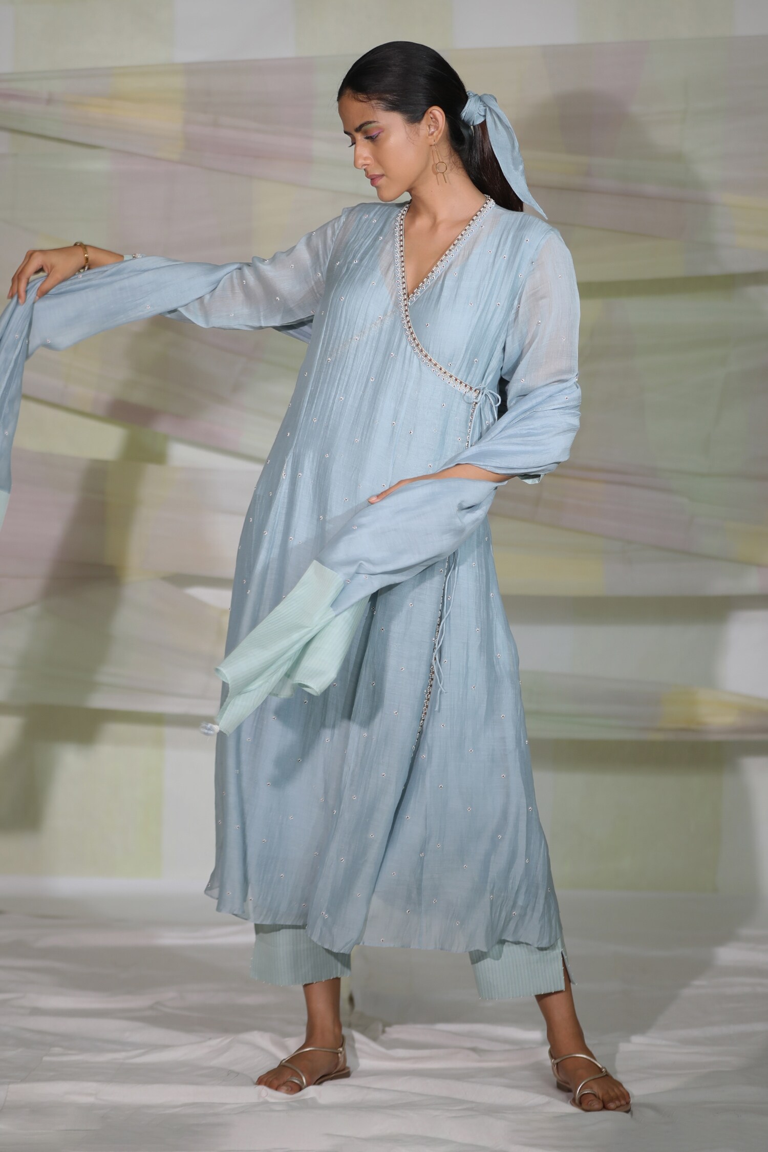 Buy Blue Chanderi Embroidered Boti V Neck Hand Angarkha Set For Women ...