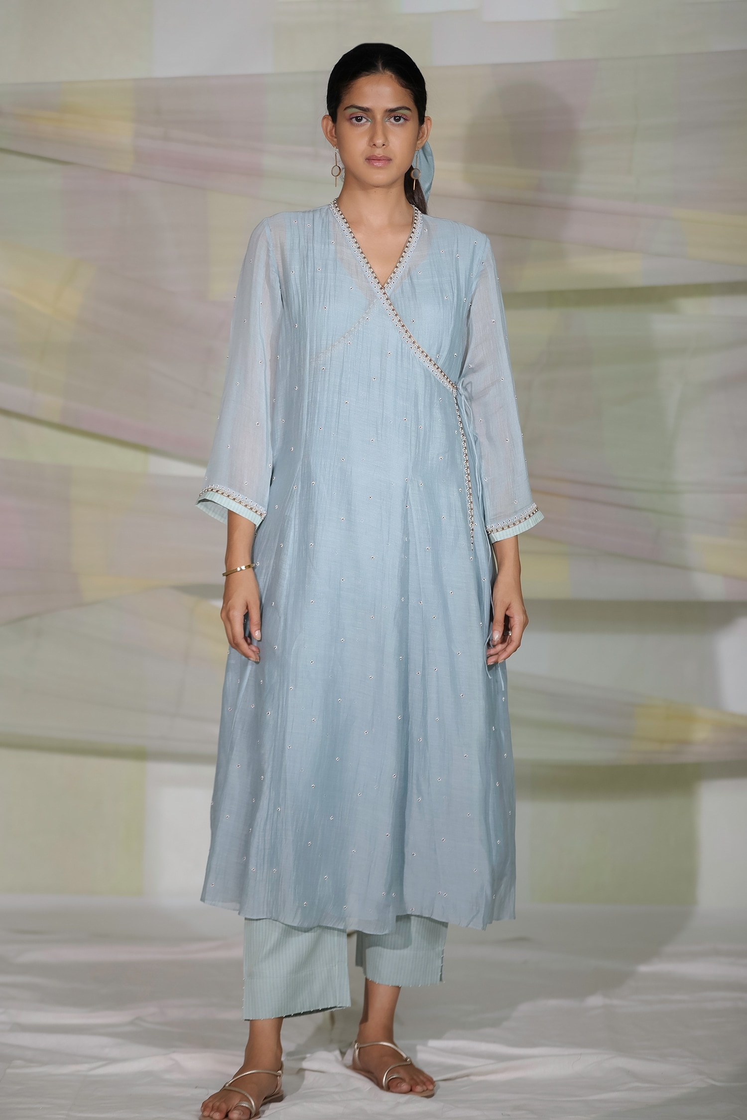 Buy Deepthee Blue Chanderi Hand Embroidered Angarkha Set Online | Aza ...