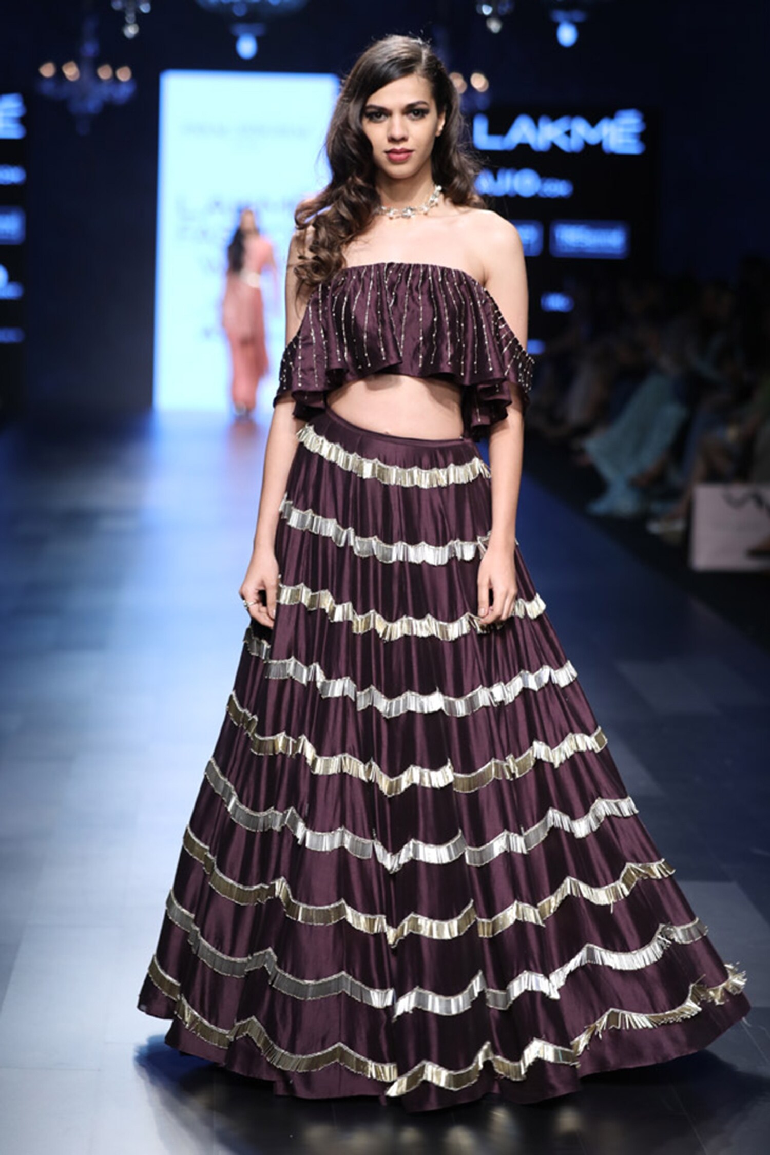 Buy Payal Singhal Purple Silkmul Anya Off Shoulder Choli And Lehenga ...