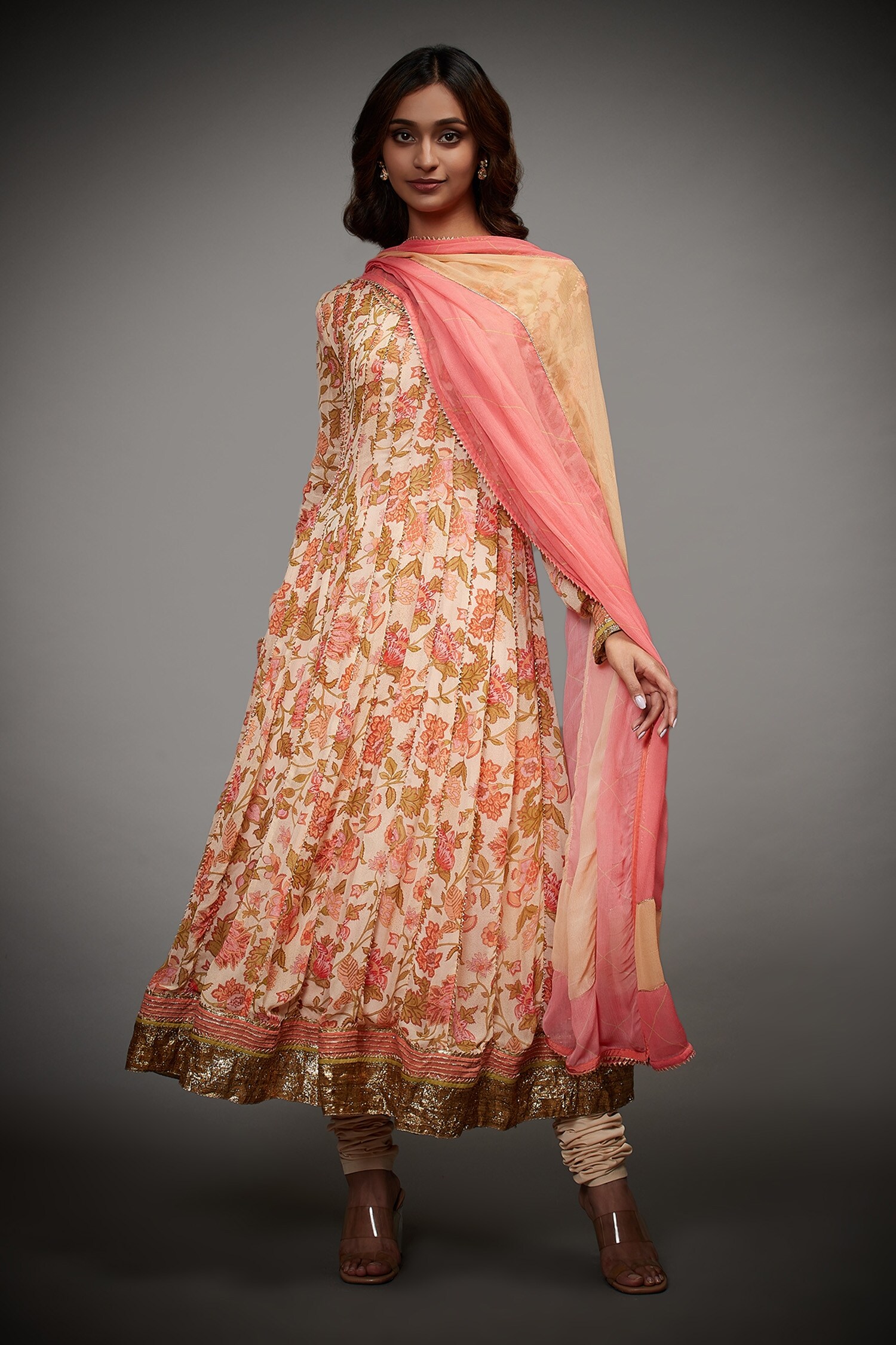 Buy RI.Ritu Kumar Peach Kurta- Viscose Georgette Floral Print Anarkali ...