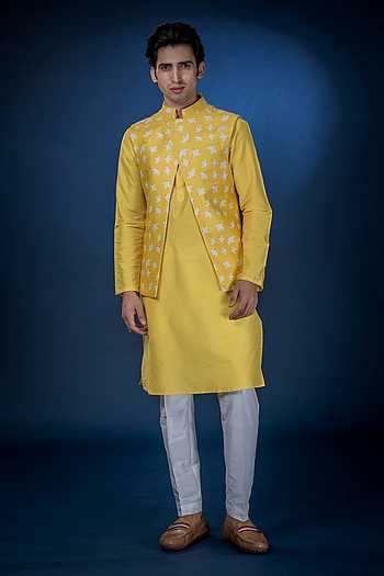 Buy Eleven Brothers Yellow Tussar Silk Bird Print Bundi Kurta Set ...
