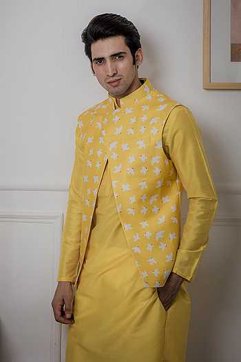 Buy Eleven Brothers Yellow Tussar Silk Bird Print Bundi Kurta Set ...