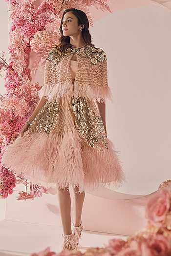 Buy Not So Serious By Pallavi Mohan Pink Tulle Vu Feather Embellished ...