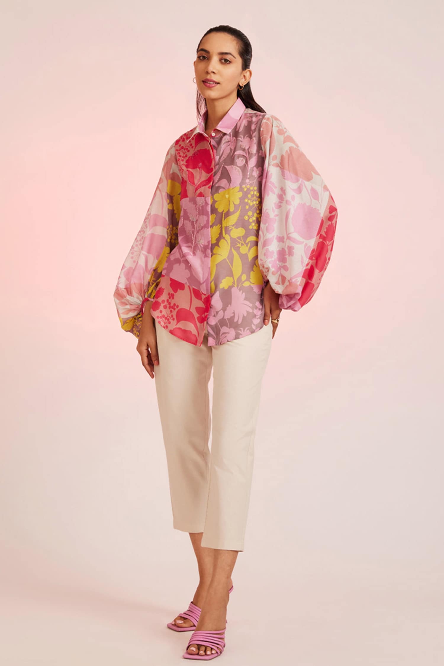 Buy Pankaj And Nidhi Multi Color Cotton Silk Silueta Puff Sleeve Shirt