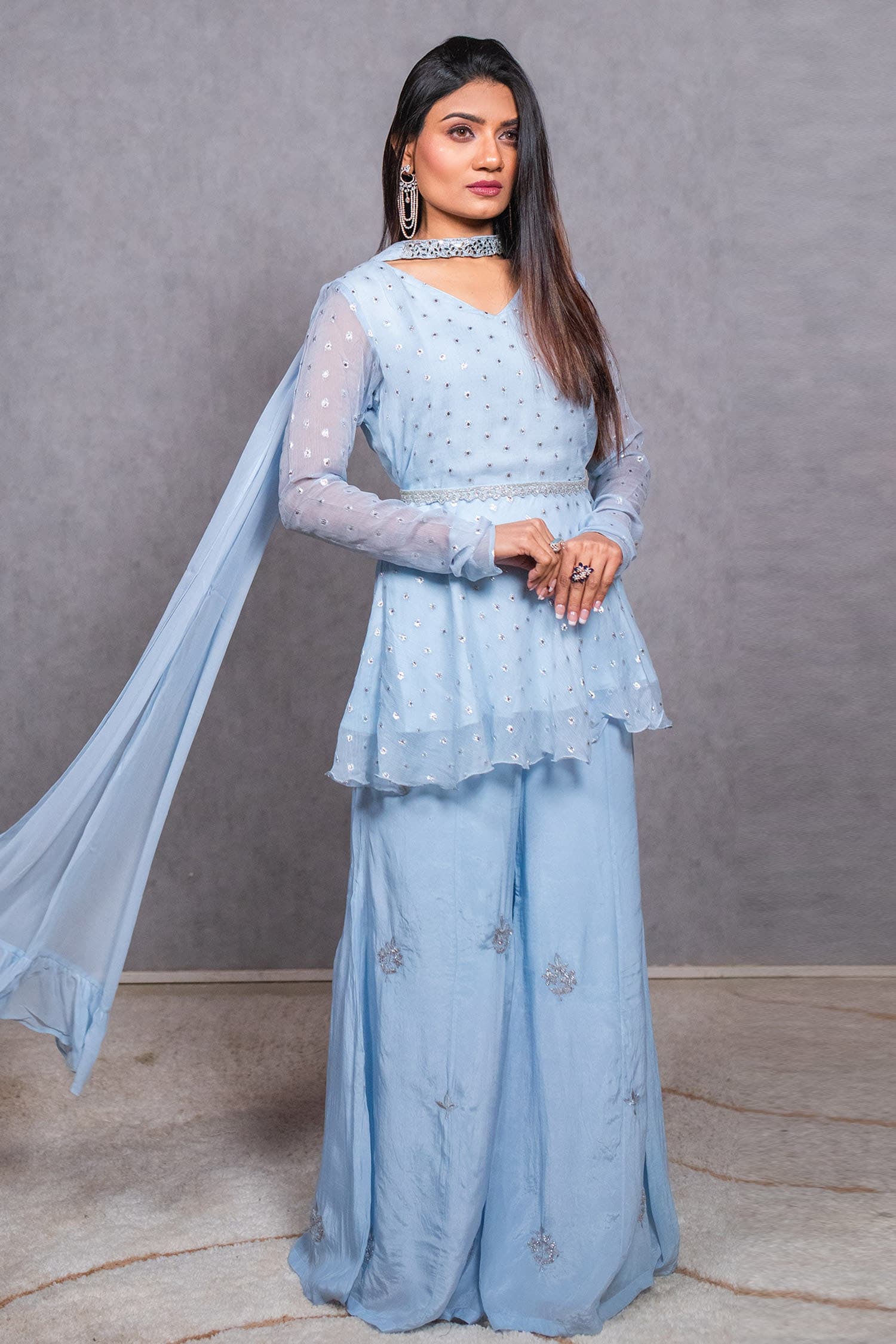 Buy Blue Chiffon Hand Embroidered Nalki Work V Peplum Kurta Sharara Set ...