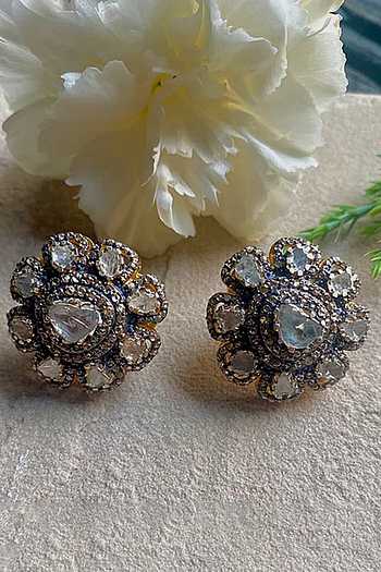 Buy Black Polki And Single Cut Diamonds Floral Shape Stud Earrings by ...